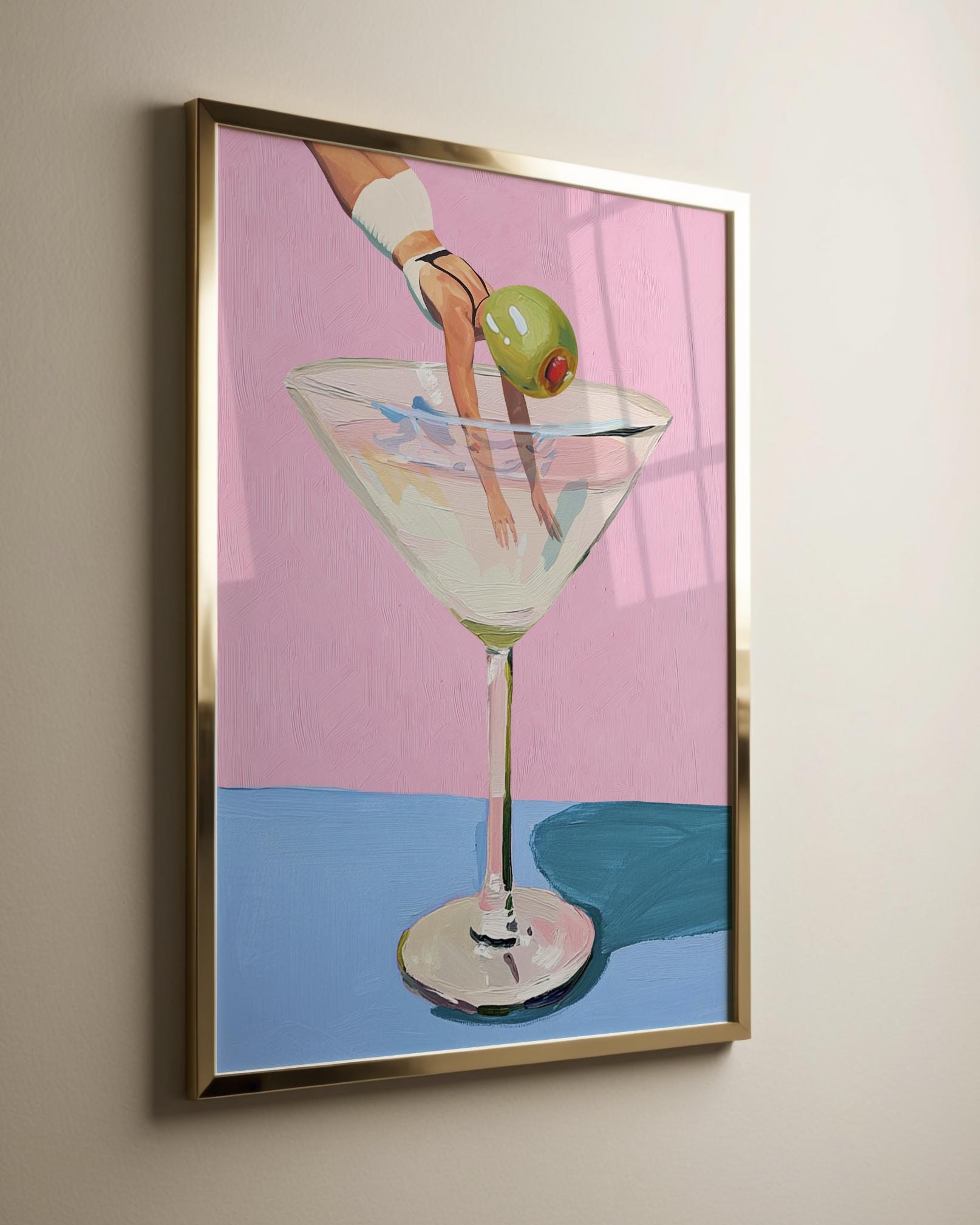 Playful Martini Olive Girl Diving Into Cocktail Glass Bar Art Print ...