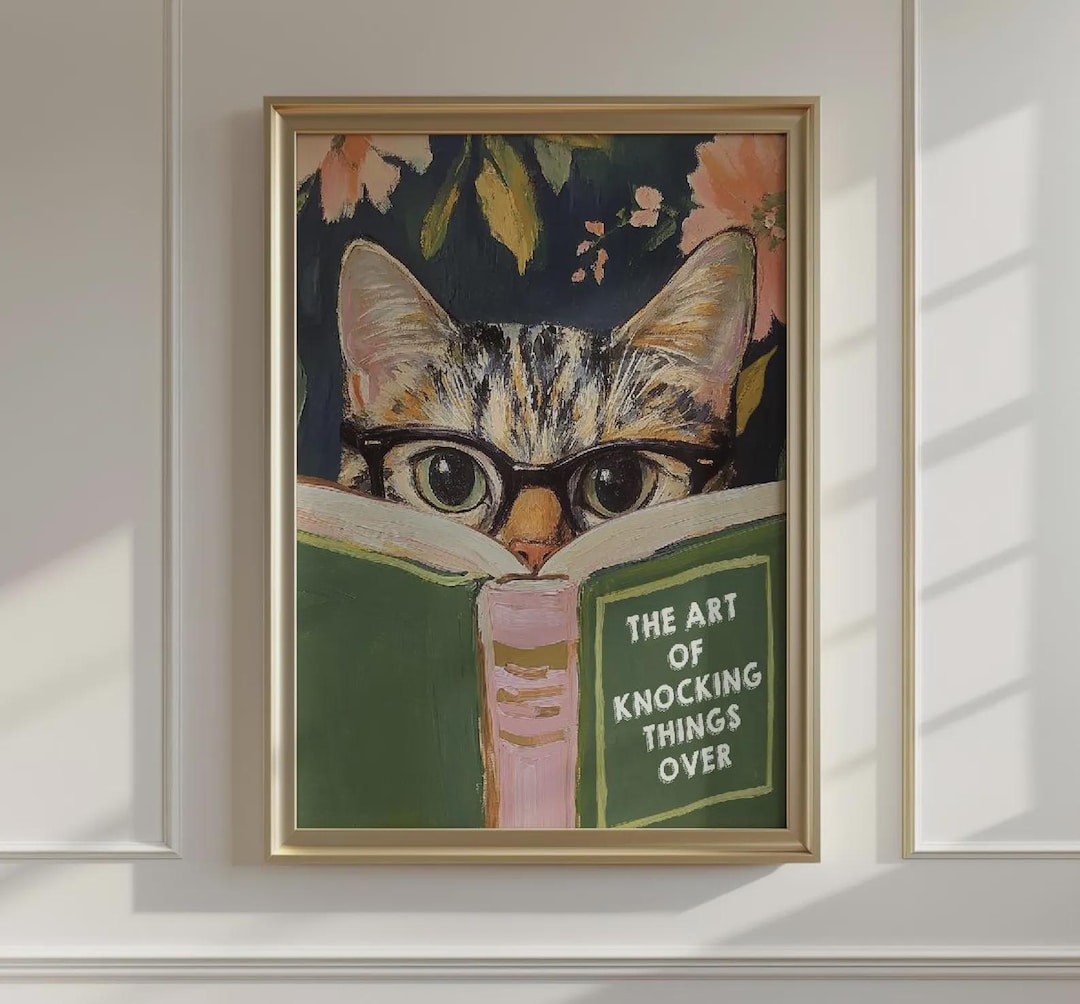 Quirky Cat Reading Poster: Humorous Bathroom Wall Art for Book Lovers ...