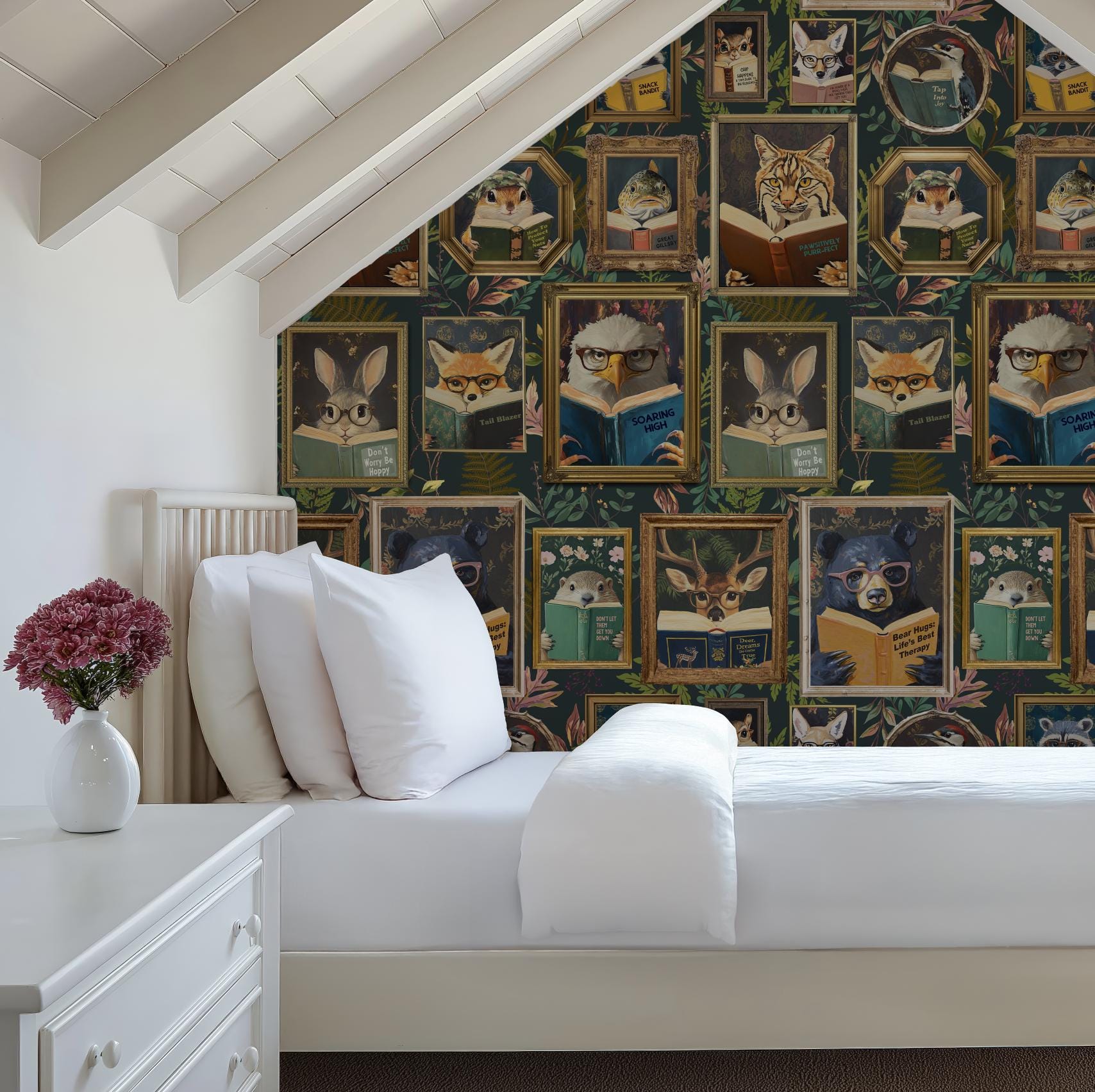 Woodland Animals Reading Wallpaper in Blueish Green - Peel and Stick or ...