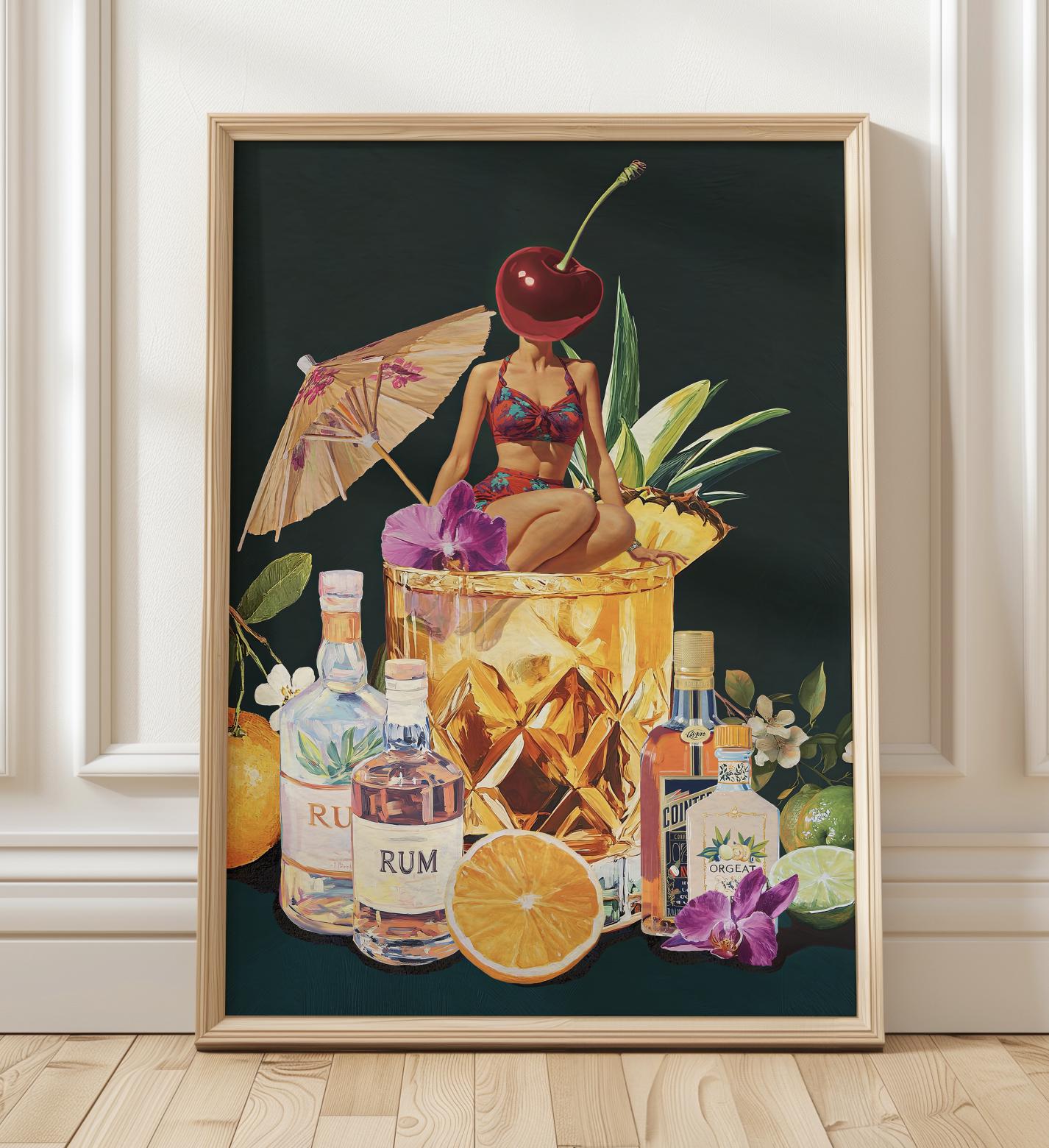 Retro Mai Tai Cocktail Girl Art Print - Surreal Tiki Bar Drink Poster ...