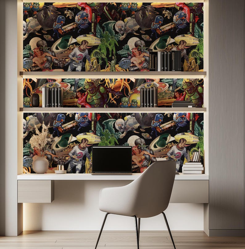 Vintage Space-themed Mid-century Wallpaper - Peel and Stick or ...