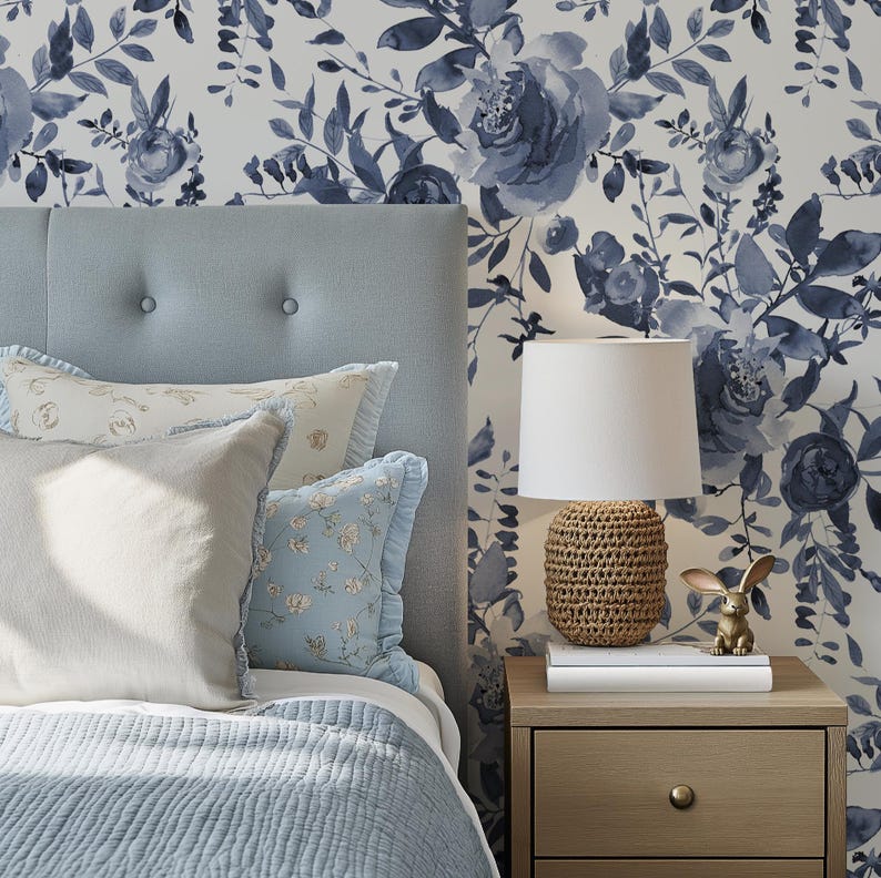 Indigo Blue Watercolor Floral Wallpaper - Peel and Stick or Traditional ...