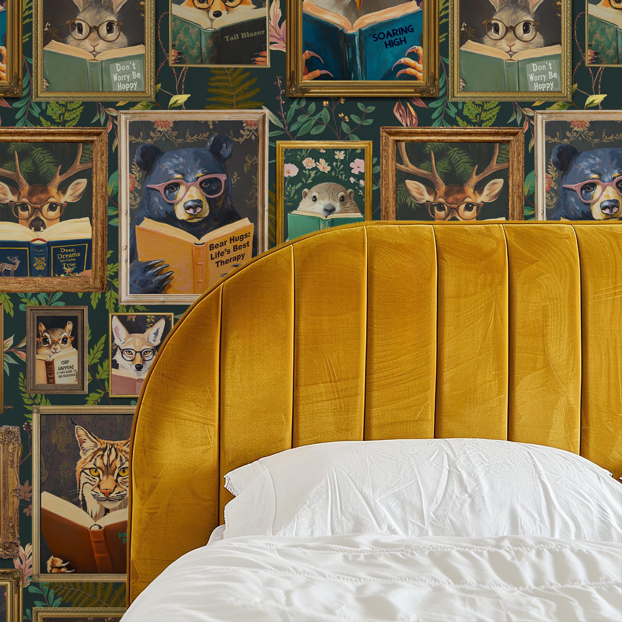 Woodland Animals Reading Wallpaper in Blueish Green - Peel and Stick or ...