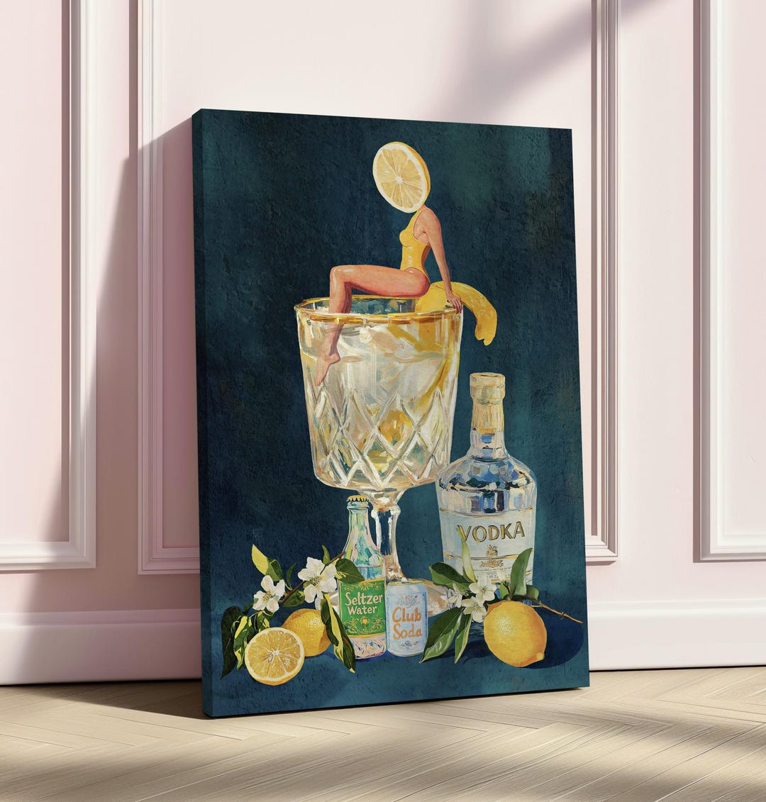 Lemon Vodka Seltzer Art Print: Refreshing Cocktail Wall Canvas Bar Cart ...