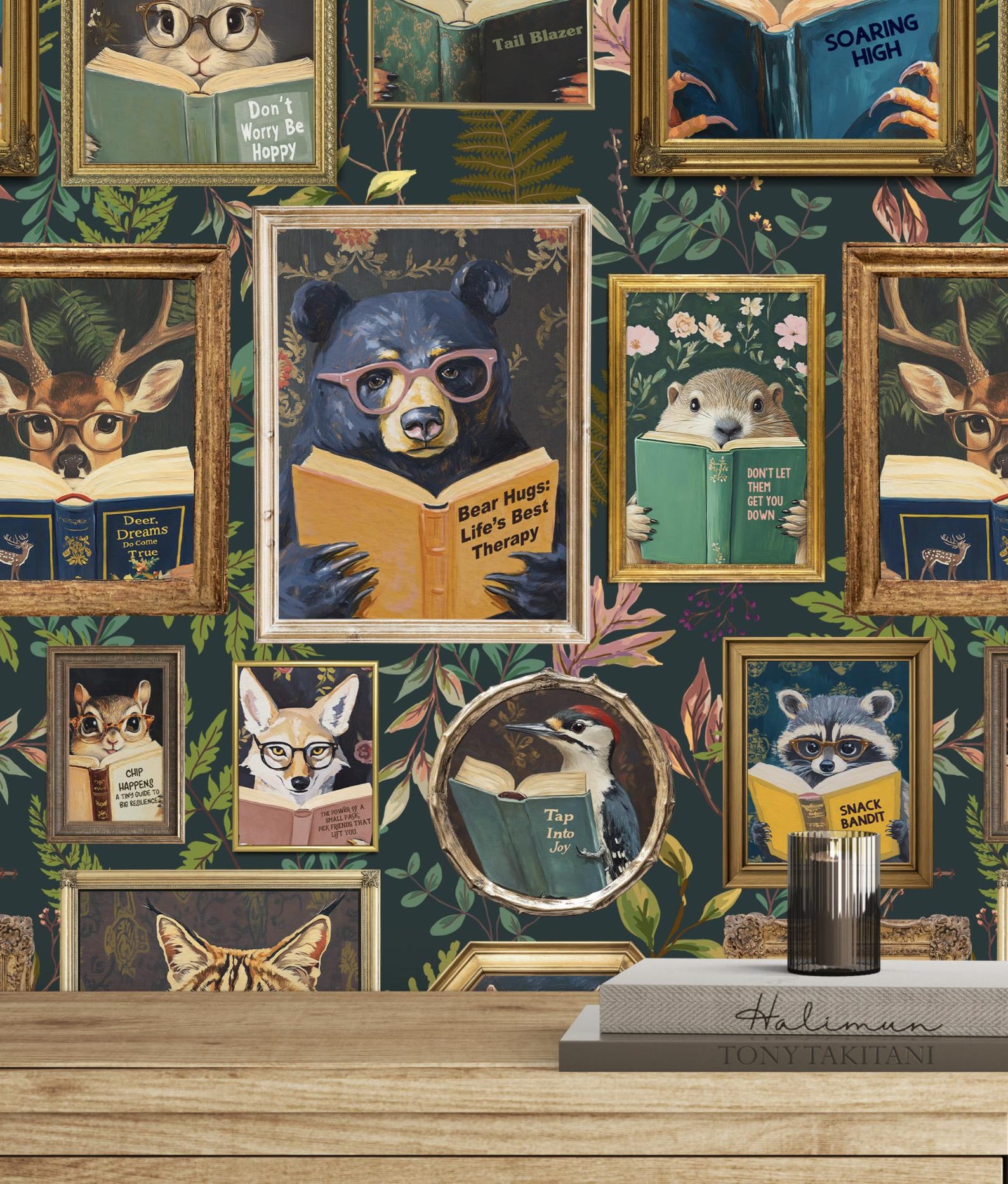 Woodland Animals Reading Wallpaper in Green - Peel and Stick or ...