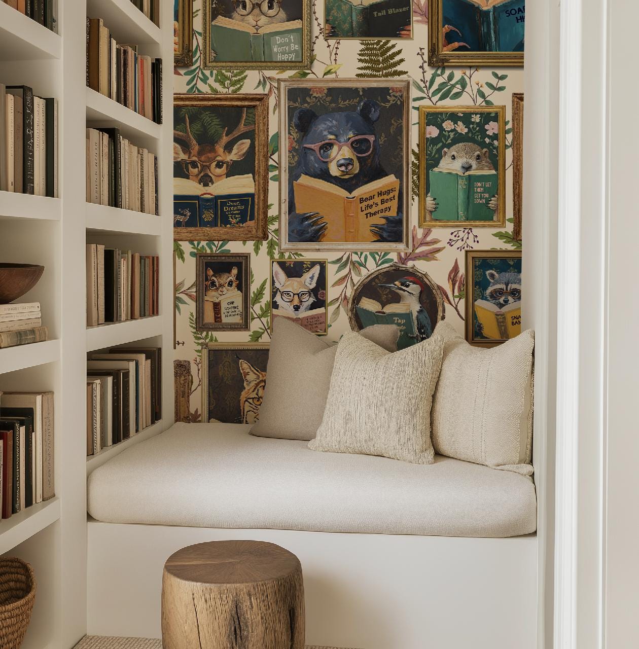 Woodland Animals Reading Wallpaper in Ivory - Peel and Stick or ...