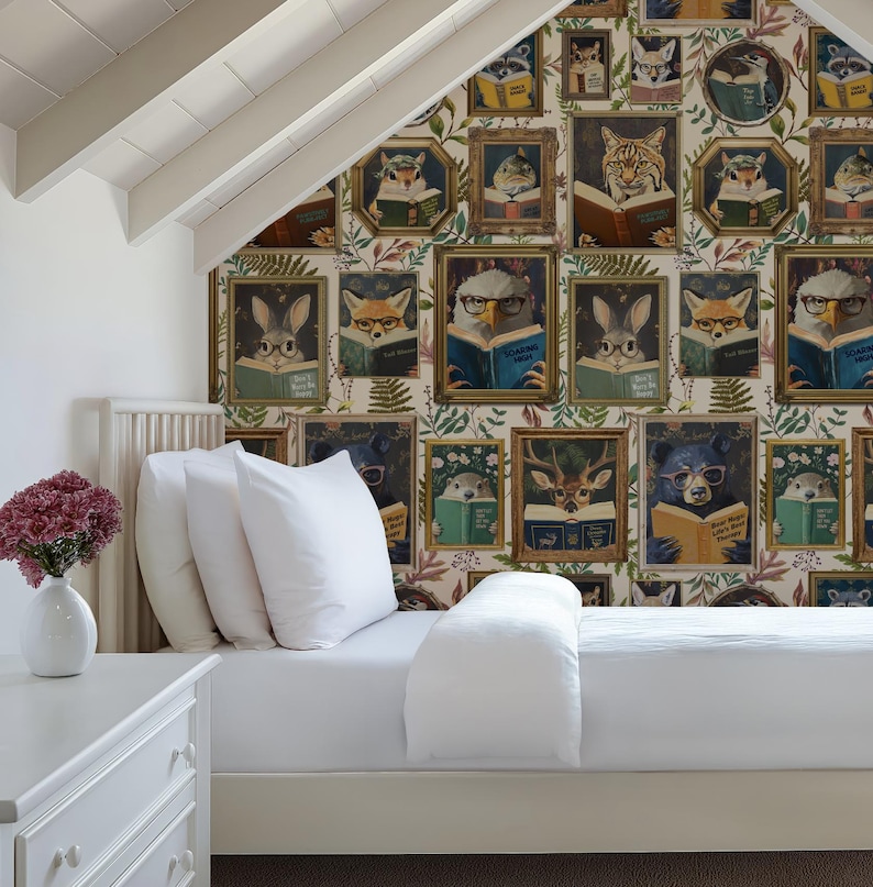 Woodland Animals Reading Wallpaper in Ivory - Peel and Stick or ...
