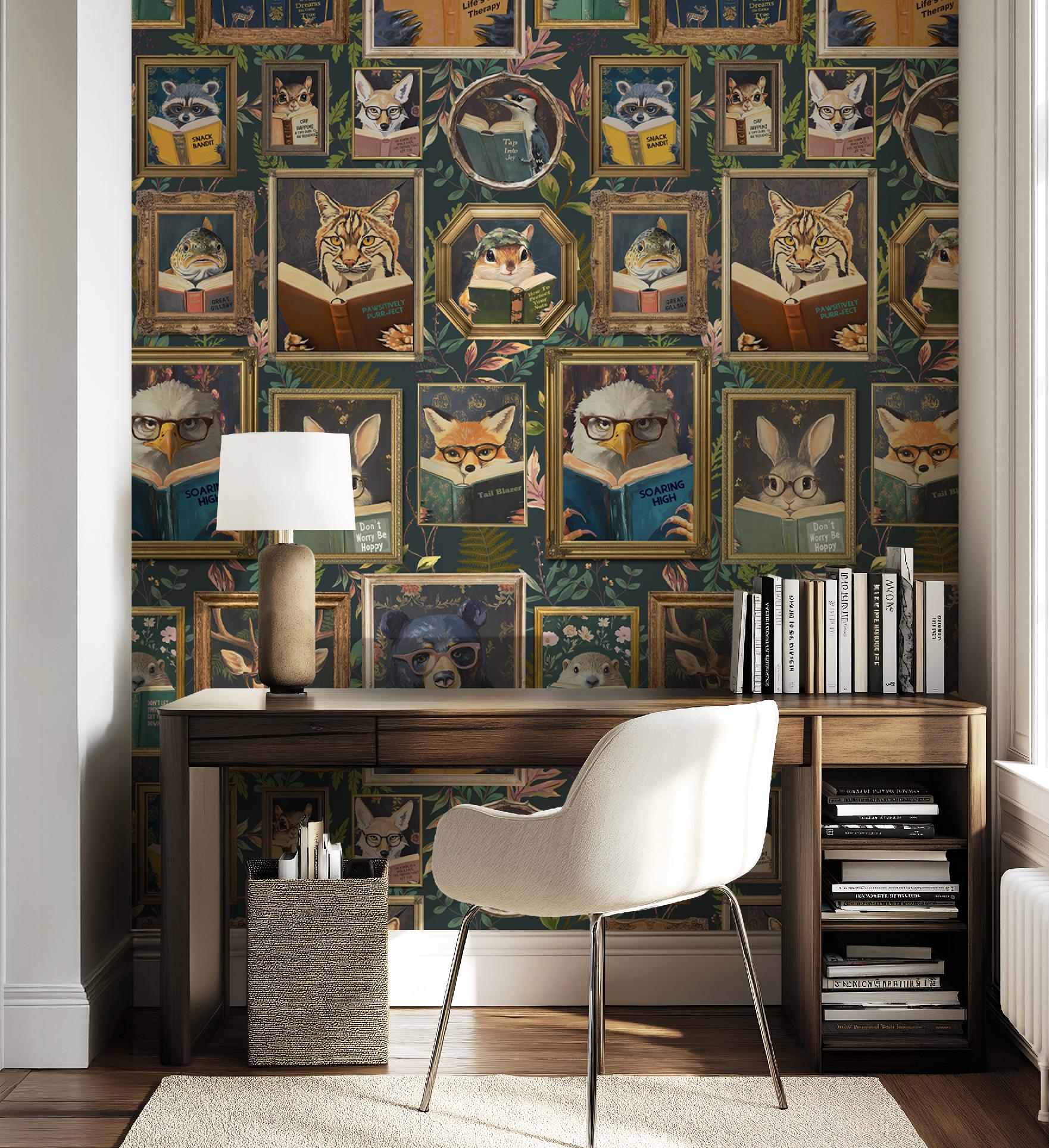 Woodland Animals Reading Wallpaper in Green - Peel and Stick or ...