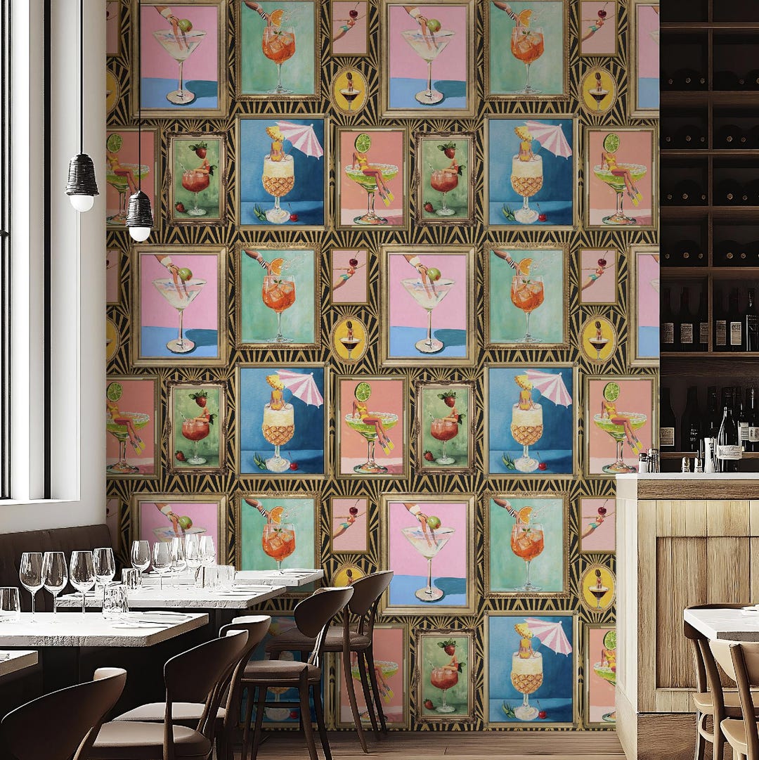 Mid-century Retro Bar Cocktail Wallpaper: Peel & Stick or Traditional ...