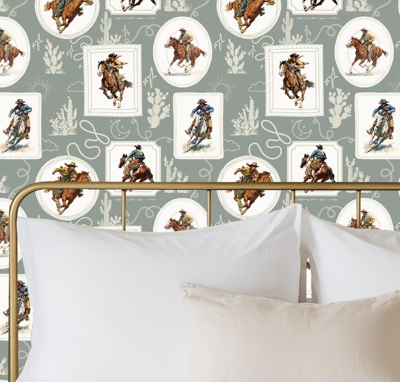 Cowboy Retro Wallpaper Print in Green - Western Nursery Kids Room Decor ...