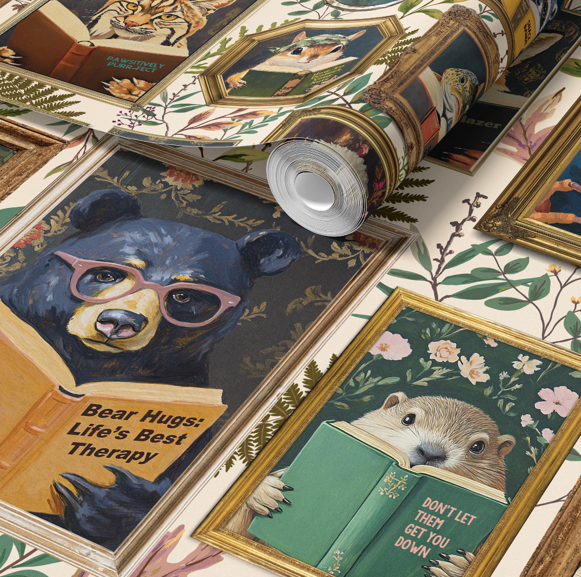 Woodland Animals Reading Wallpaper in Ivory - Peel and Stick or ...
