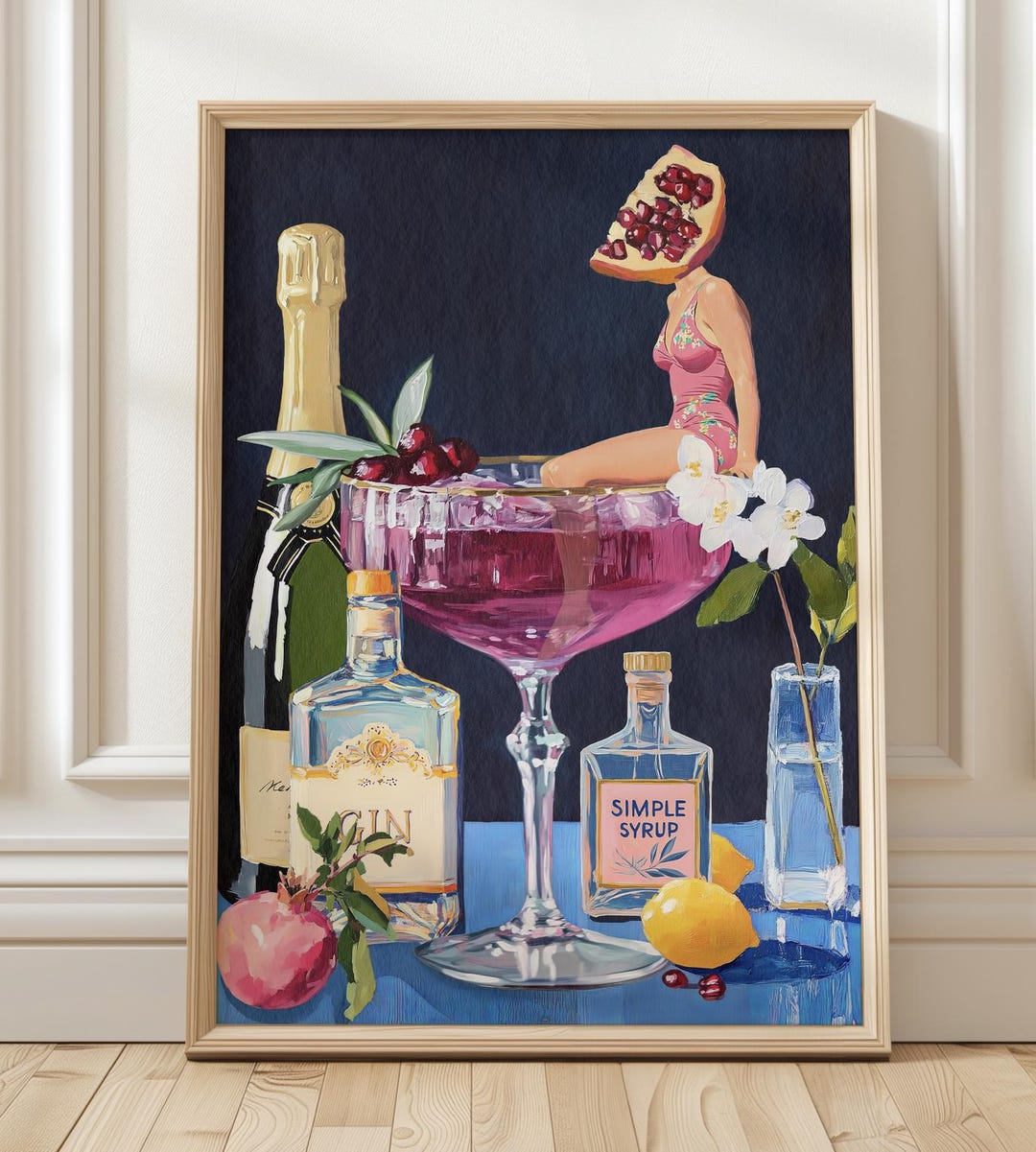 Pomegranate Cocktail Retro Bar Poster - Vintage French 75 Martini Wall ...