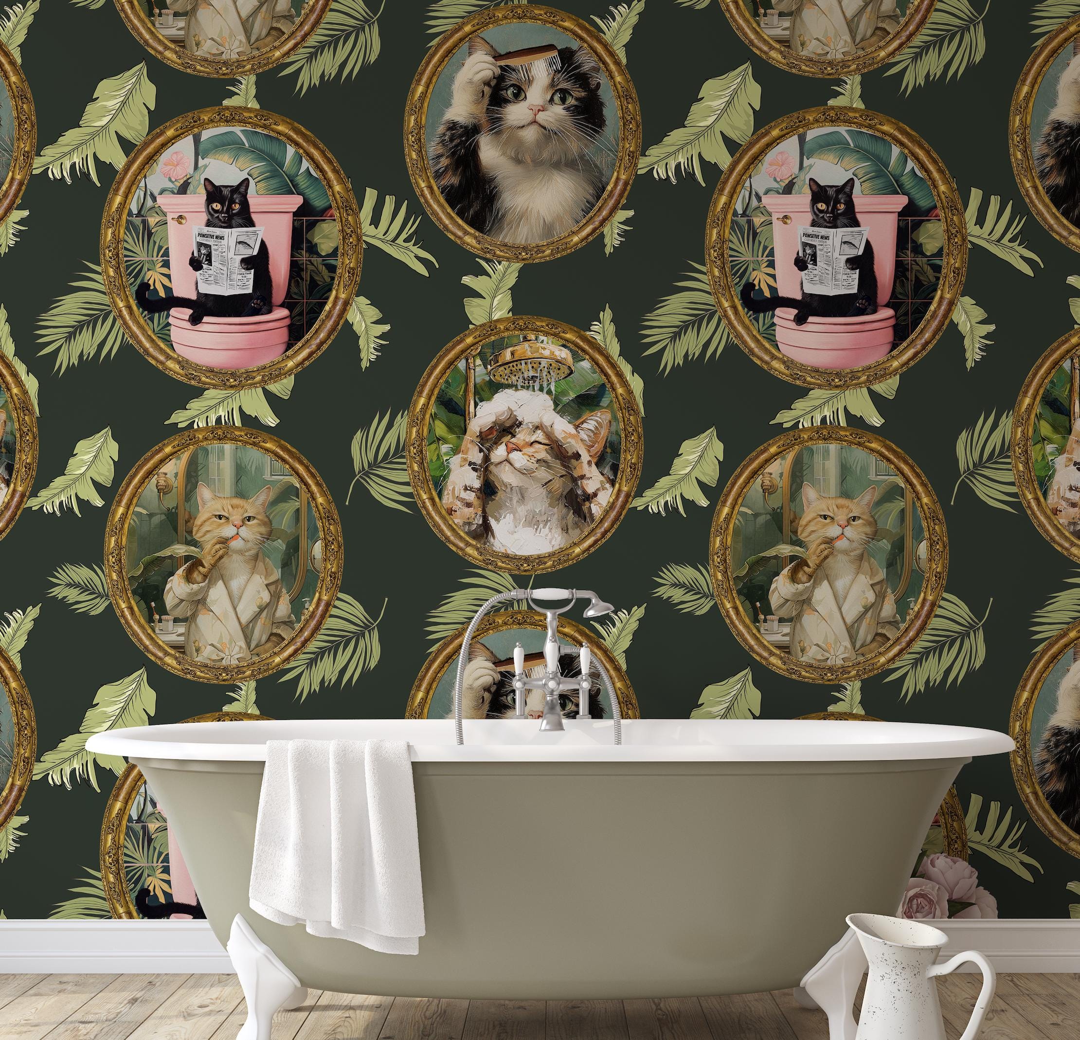 Whimsical Tropical Cat Bathroom Wallpaper - Removable, Peel and Stick ...