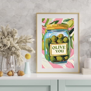 Olive You Art Print: Colorful Kitchen Wall Decor, Funny Food Pun Poster ...