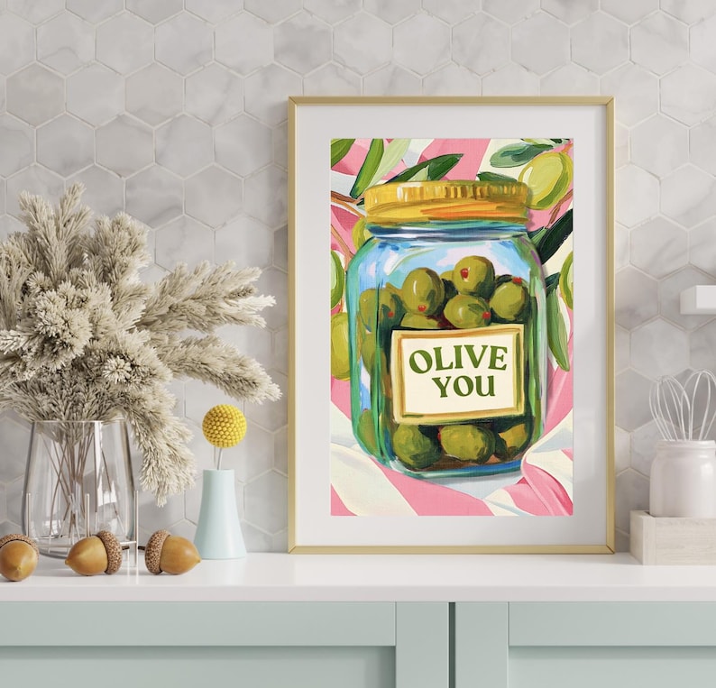 Olive You Art Print: Colorful Kitchen Wall Decor, Funny Food Pun Poster ...