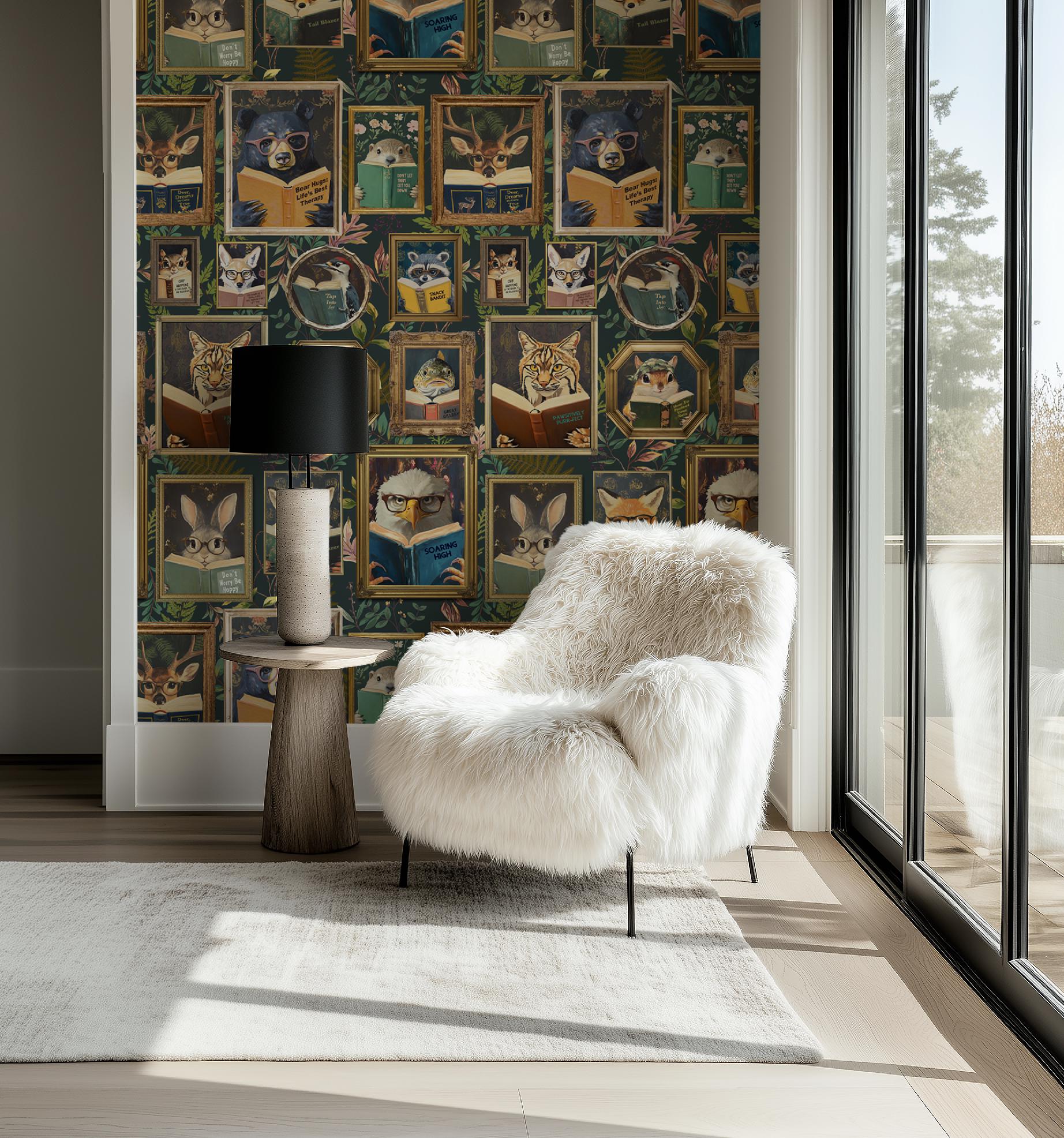 Woodland Animals Reading Wallpaper in Green - Peel and Stick or ...