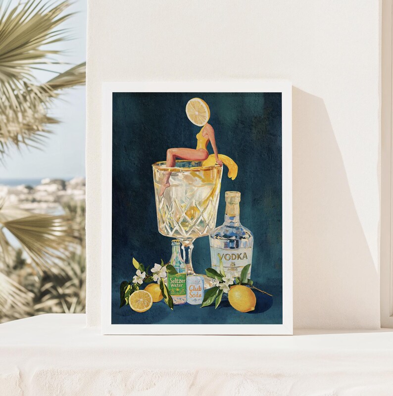 Lemon Vodka Seltzer Art Print: Refreshing Cocktail Wall Poster for Bar ...