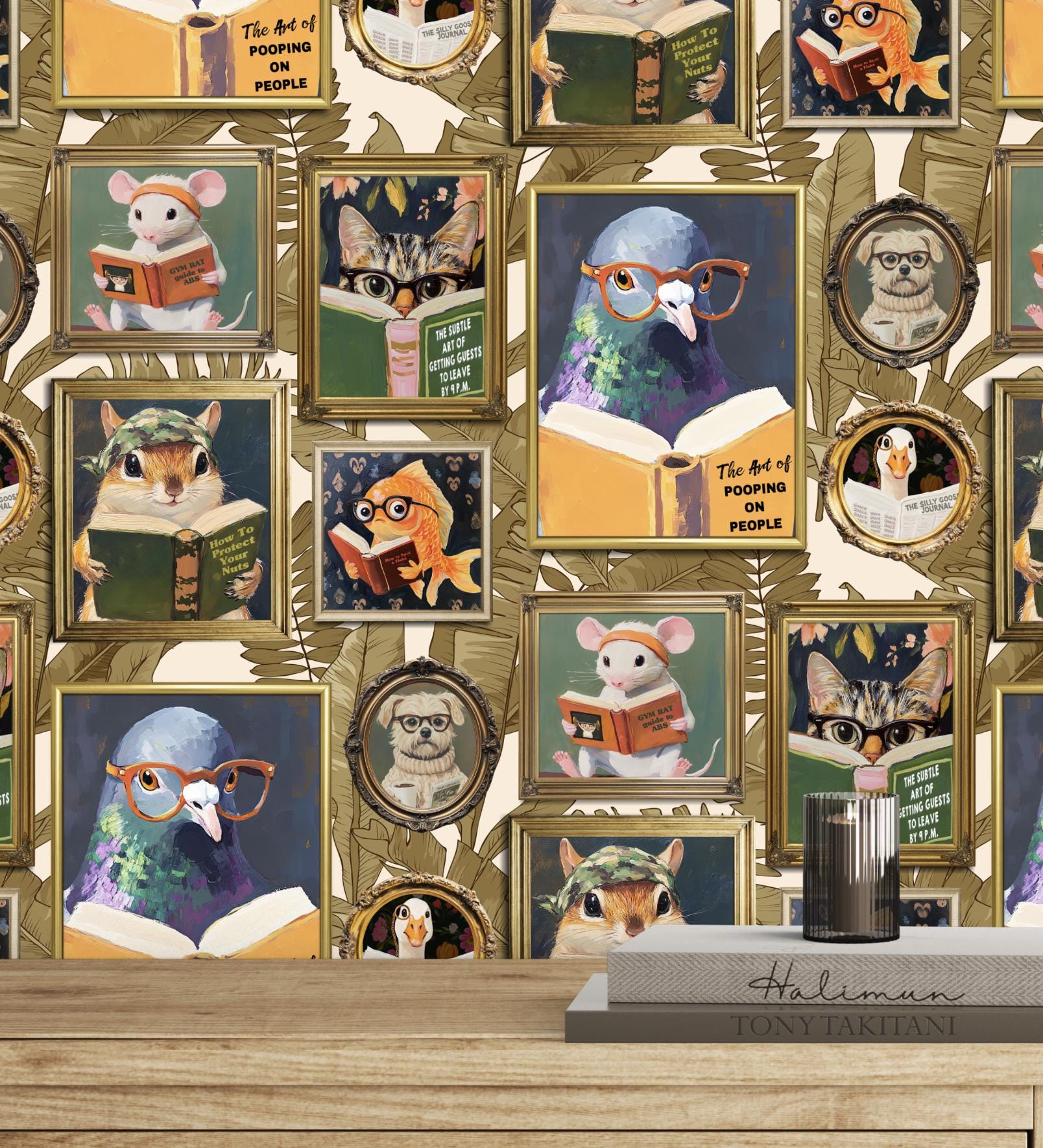 IVORY Whimsical Animal Reading Wallpaper - Peel and Stick Mural for ...