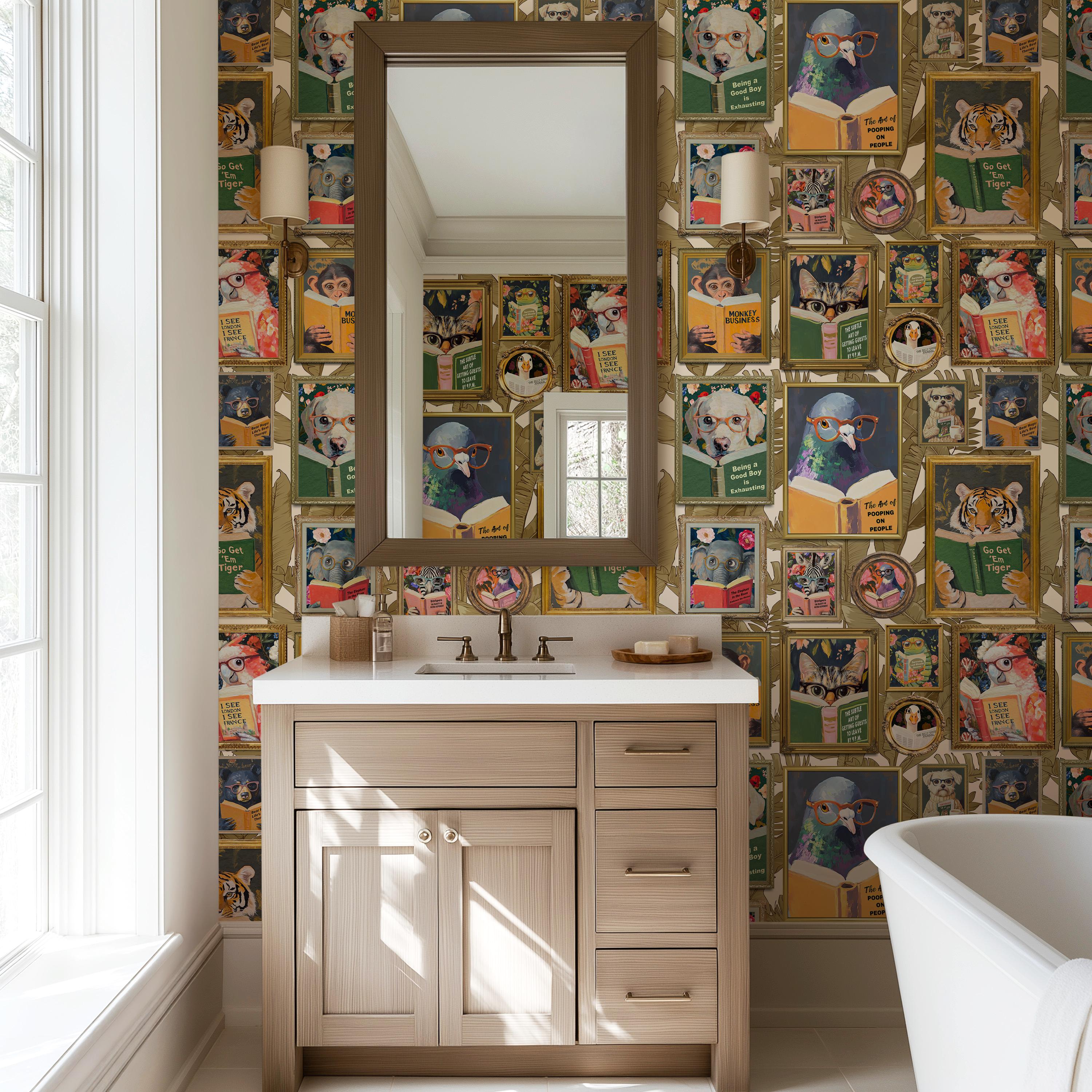 IVORY Whimsical Animal Reading Wallpaper VERSION 2 - Peel and Stick ...