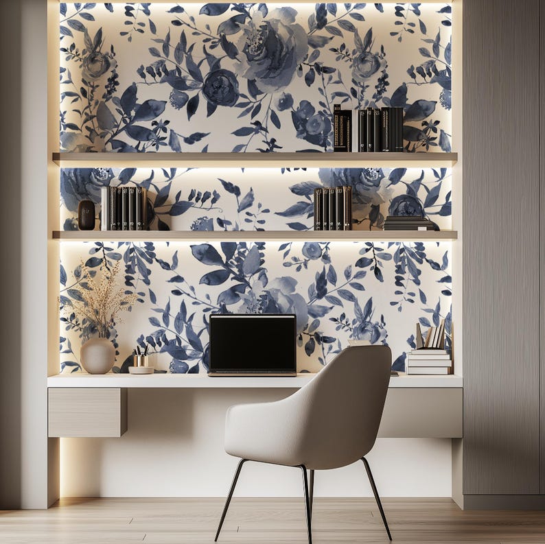 Indigo Blue Watercolor Floral Wallpaper - Peel and Stick or Traditional ...
