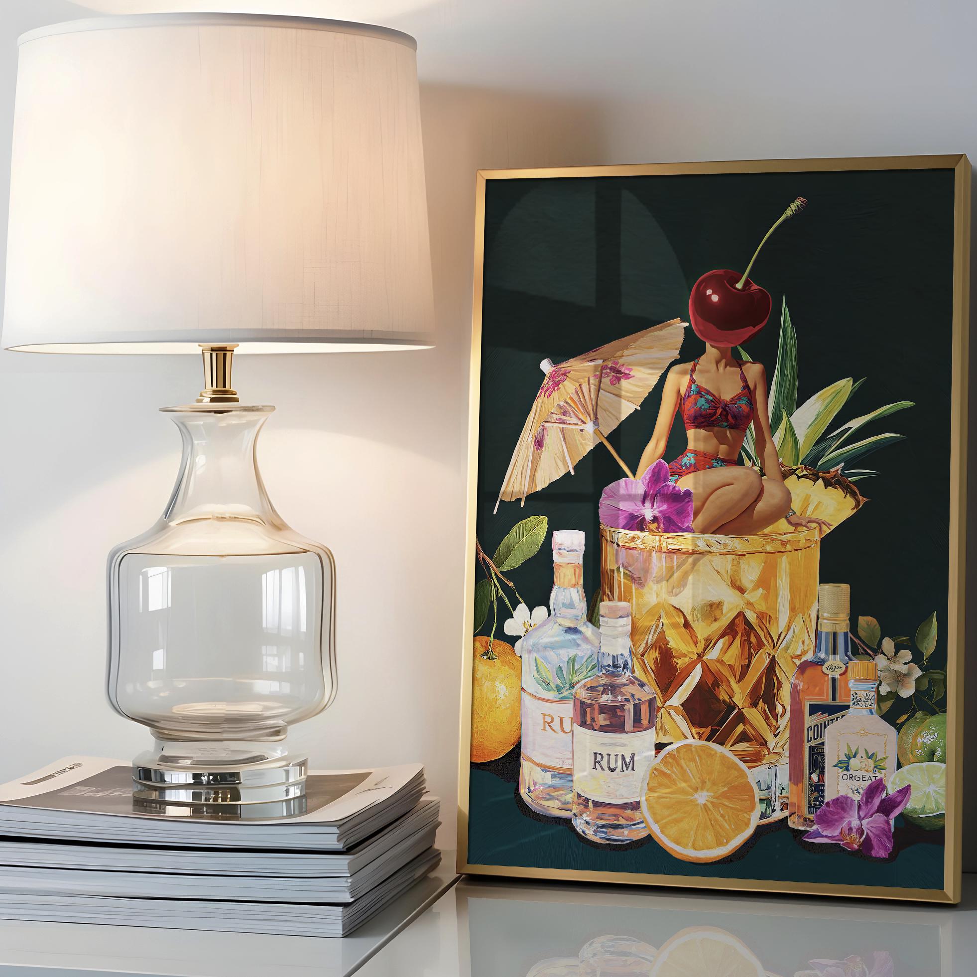 Retro Mai Tai Cocktail Girl Art Print - Surreal Tiki Bar Drink Poster ...