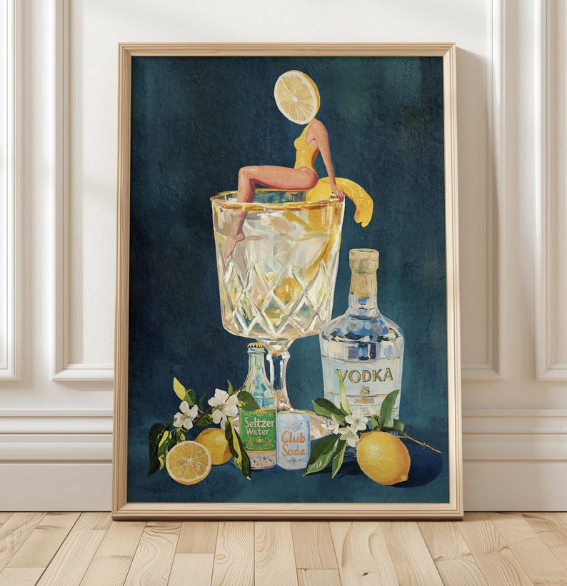 Lemon Vodka Seltzer Art Print: Refreshing Cocktail Wall Poster for Bar ...