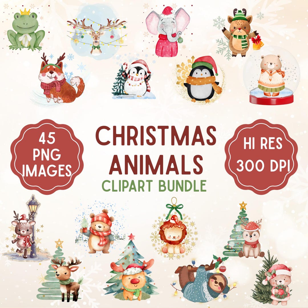 Watercolor Christmas Animals Clipart Bundle, Holiday PNG Images ...