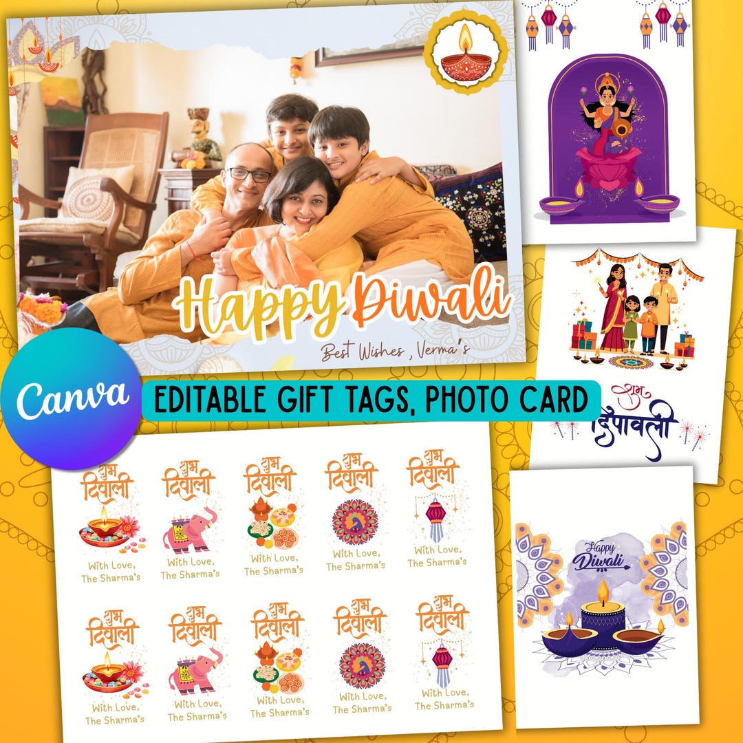 Diwali Gift Tags and Photo Card, Canva Template, Editable Printable - Etsy
