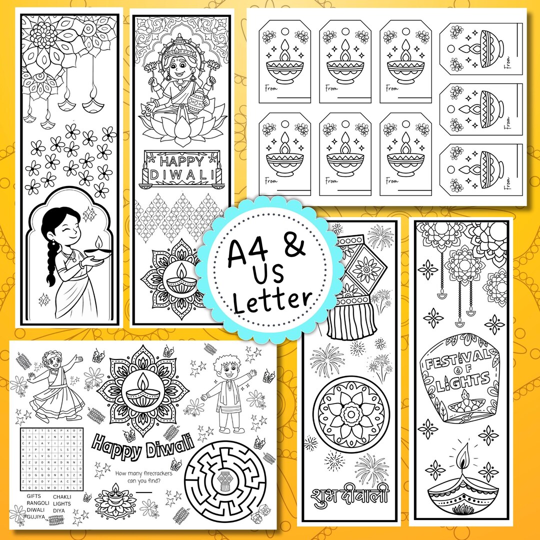 Diwali Coloring Printable, Bookmarks, Gift Tags, Activity Placemat Kids ...
