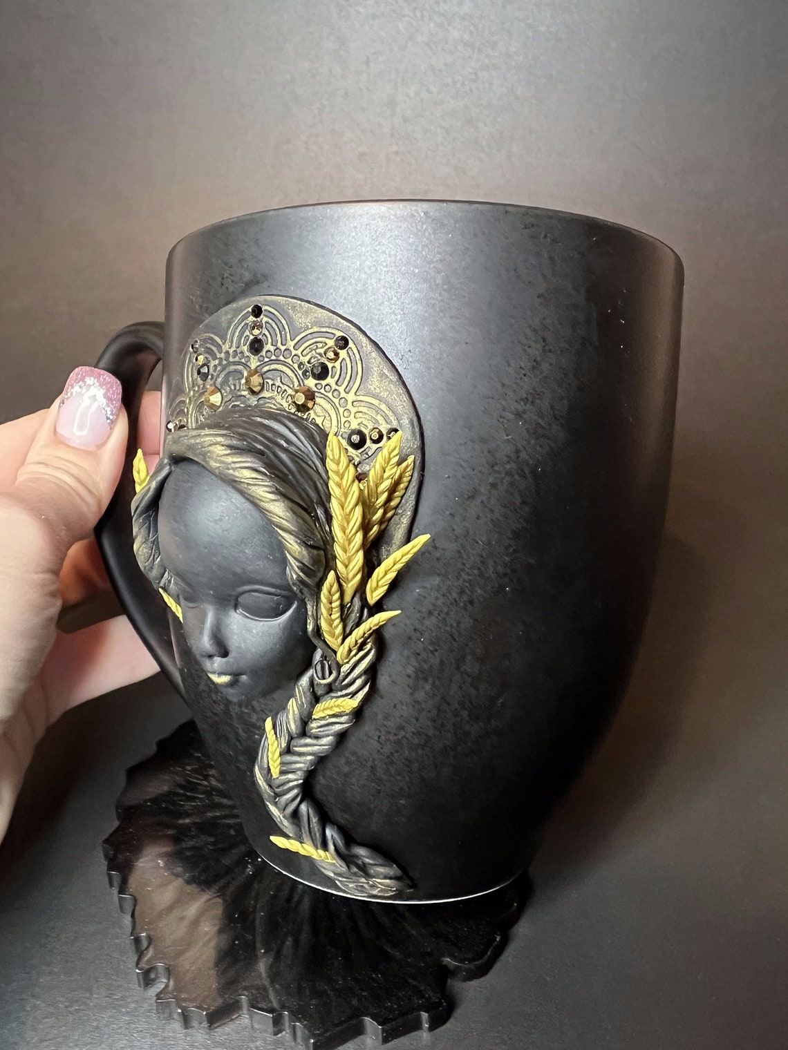 Black Mug Mug With Girl Mug With Spikelets of Wheat Handmade Mug Luxury ...