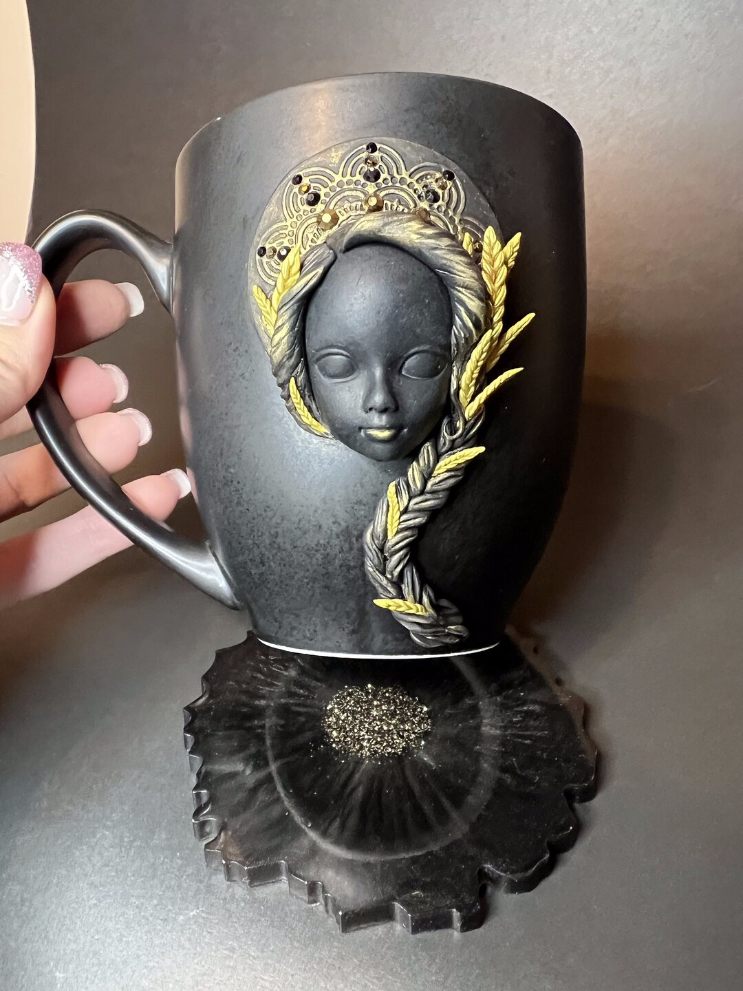 Black Mug Mug With Girl Mug With Spikelets of Wheat Handmade Mug Luxury ...