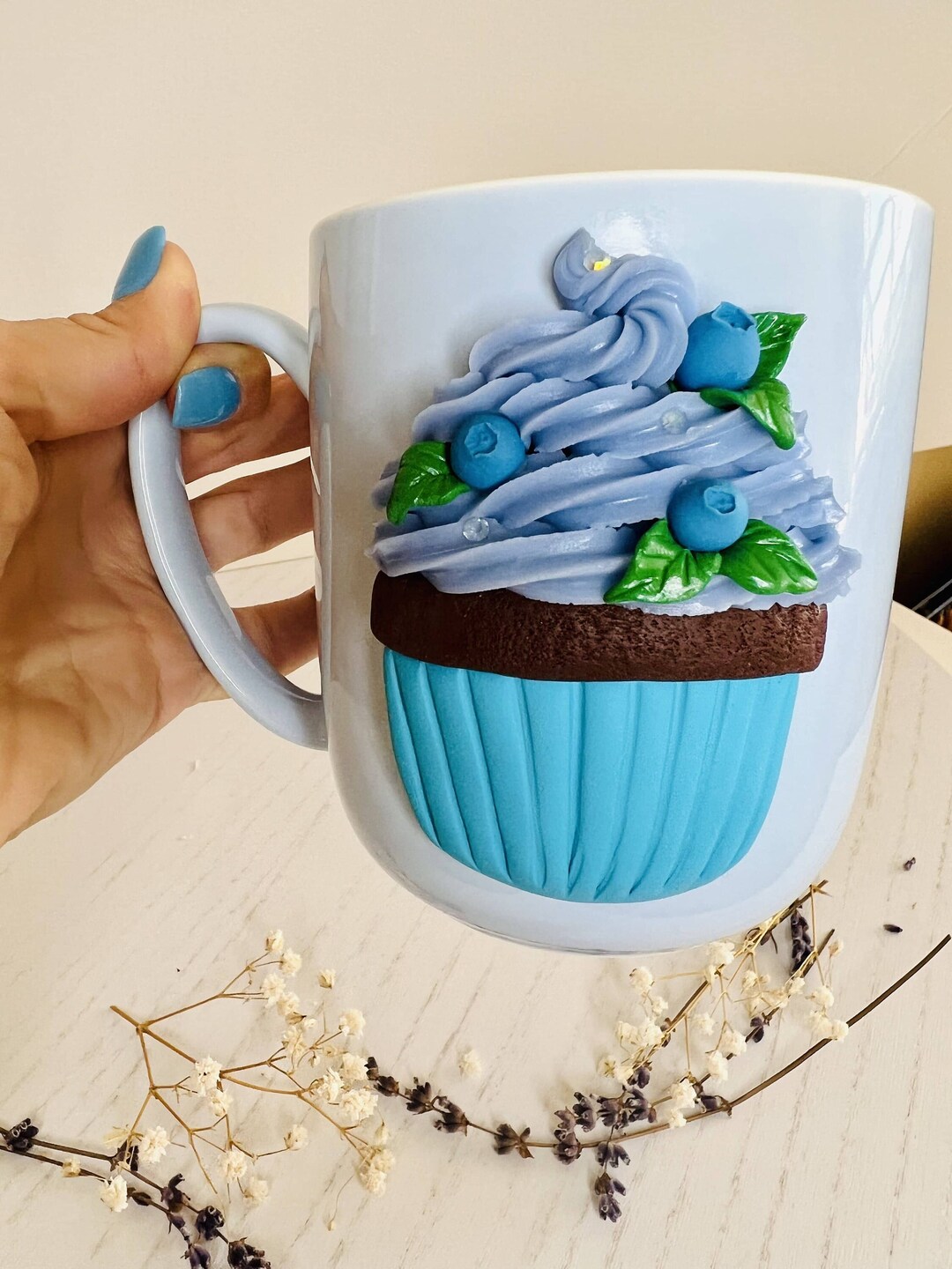 Blue Big Mug With Delicious Cupcake Decor Made of Colored Polymer Clay ...