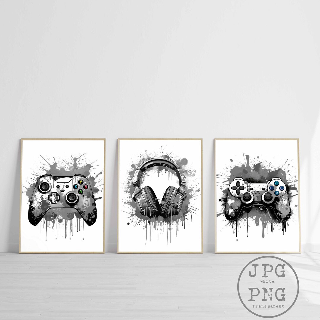 Gaming Prints Game Controller Poster Set Black White PNG Gaming Room ...