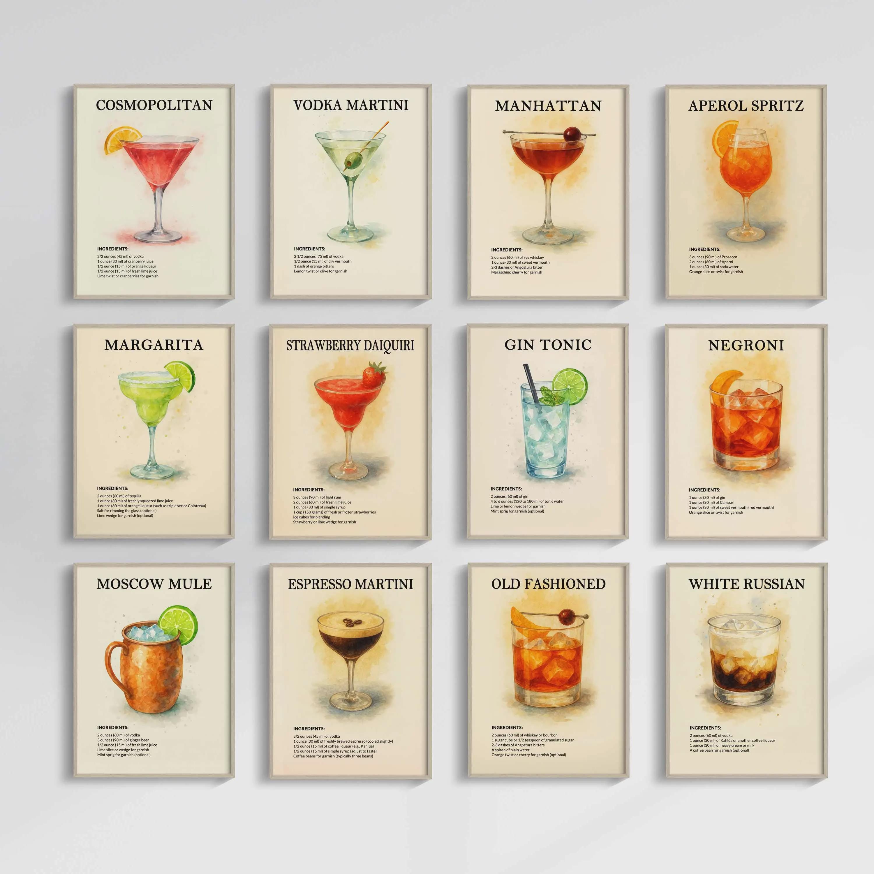 Cocktail Prints Gallery Wall Set of 24 Retro Cocktail Wall Art Bar Cart ...