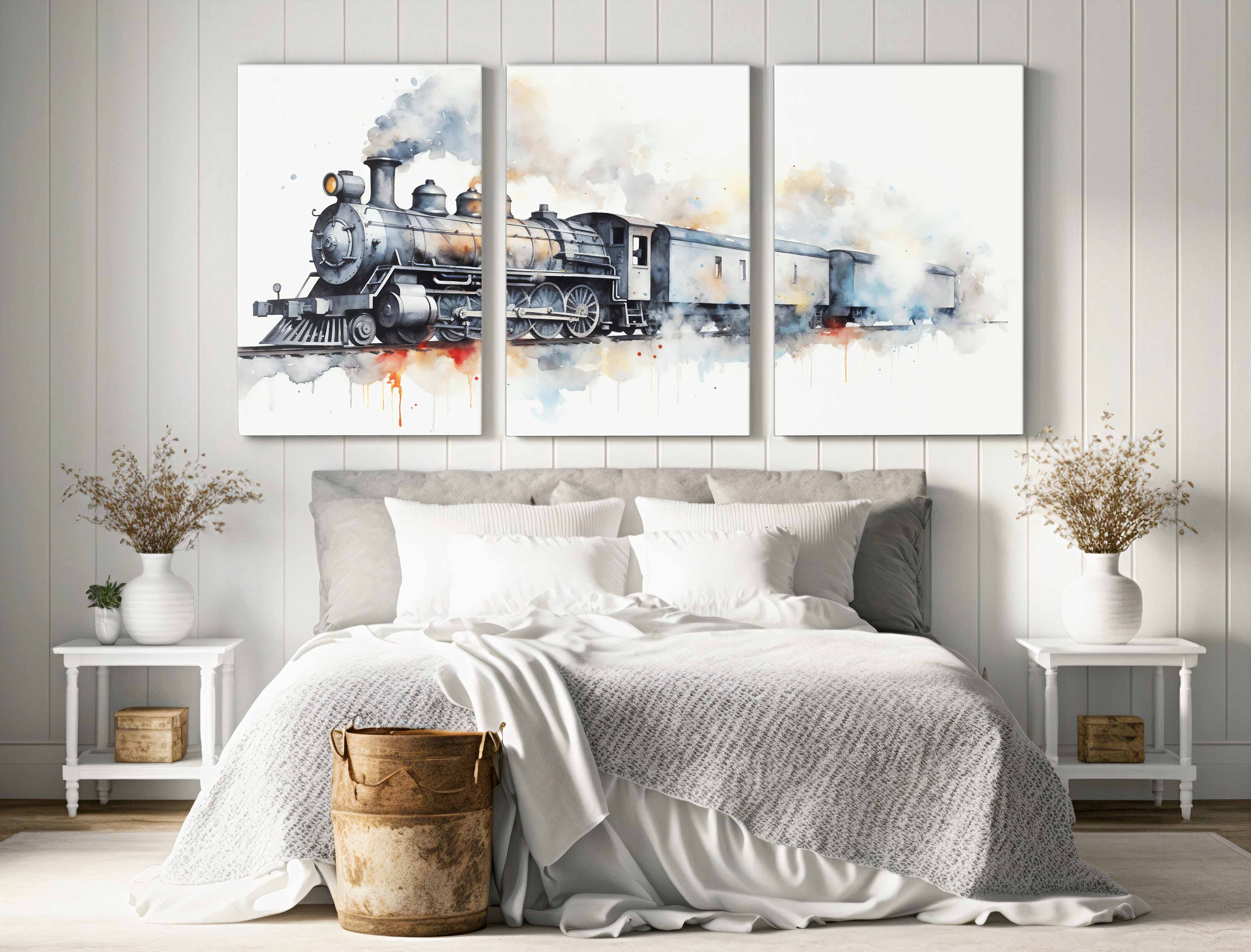 Train Watercolor Print Locomotive Printable Steam Train Triptych Wall ...