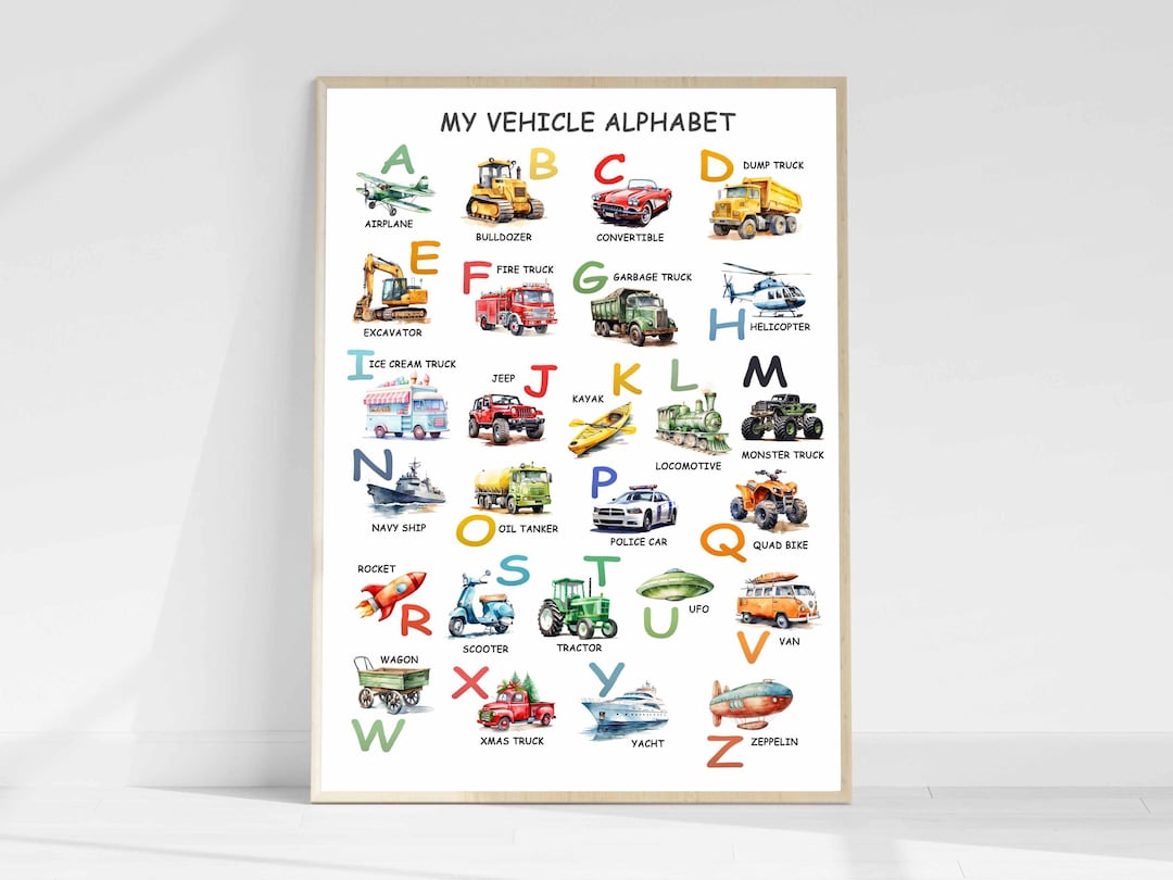 Alphabet Print Educational Poster ABC Wall Art Vehicle Printable ...