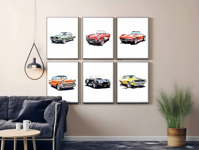 Classic Car Prints Vintage Car Printable Artwork 6 Muscle Car Bundle ...