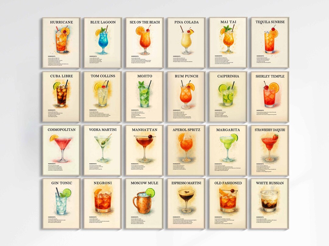 Cocktail Prints Gallery Wall Set of 24 Retro Cocktail Wall Art Bar Cart ...