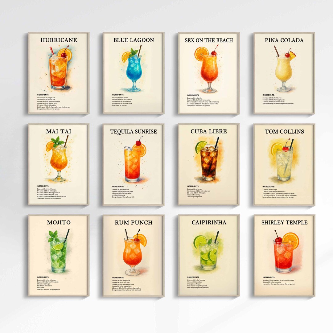 Cocktail Prints Set of 12 Classic Cocktail Wall Art Cocktail Posters ...