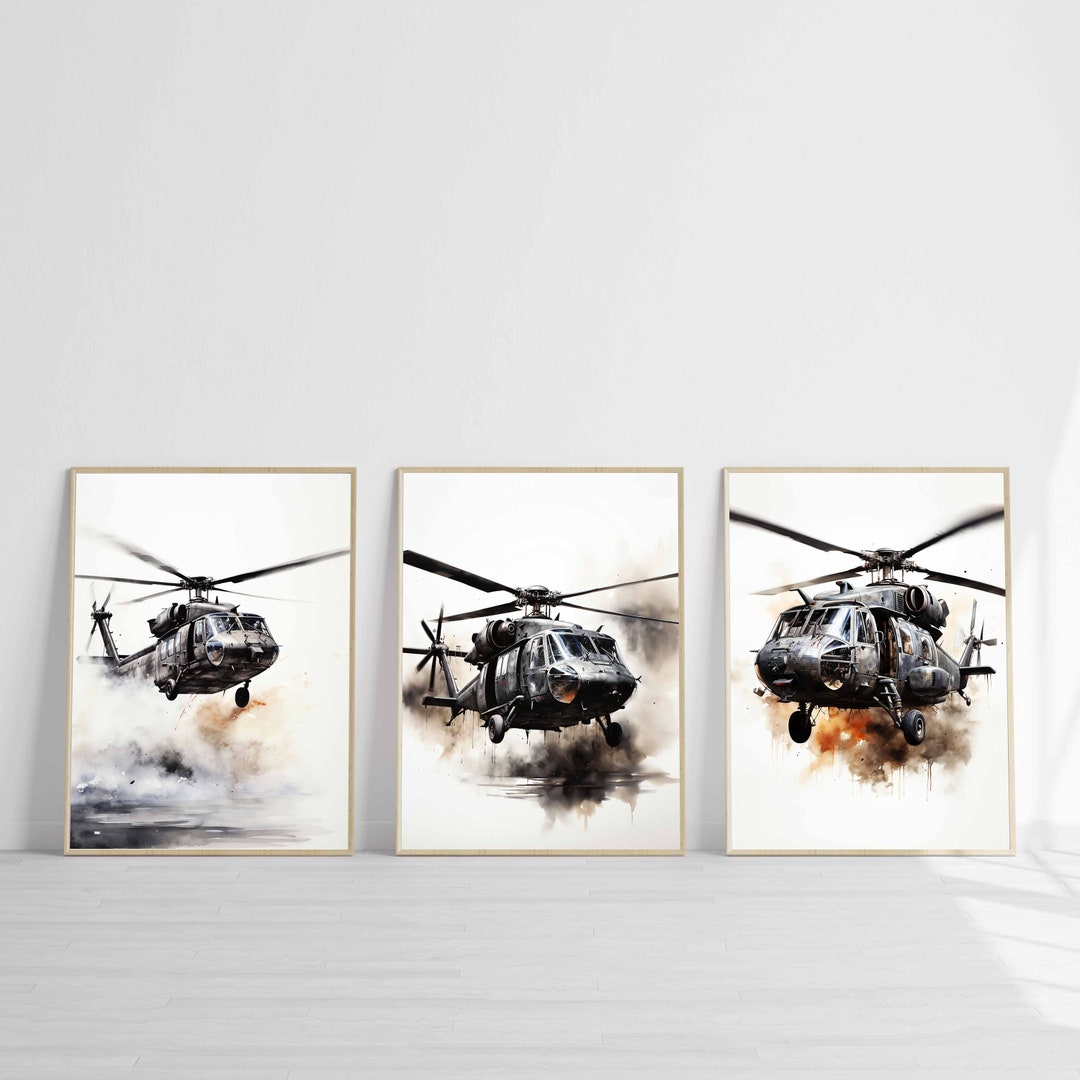 Army Helicopter Print Military Aircraft Watercolor Printable Black ...