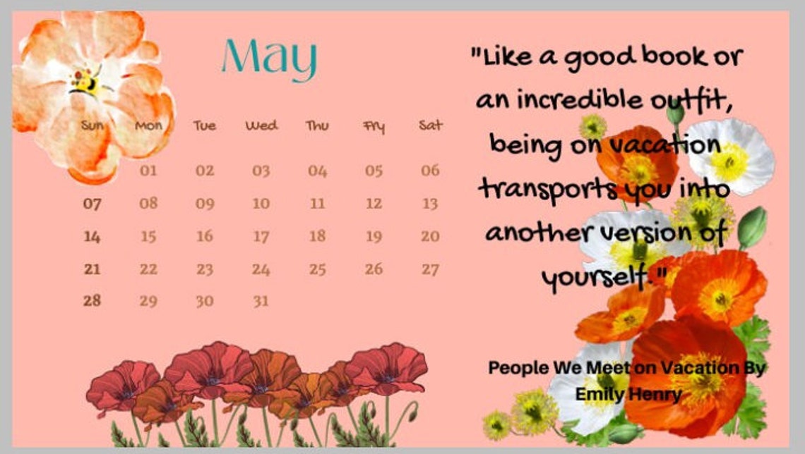 2023 Printable Calendar With Book Quote / Monthly Calendar/ Horizontal ...