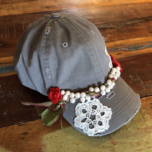 Ladies Pearl Baseball Hat, Ponytail, Distressed, Roses and Pearls, Lace ...
