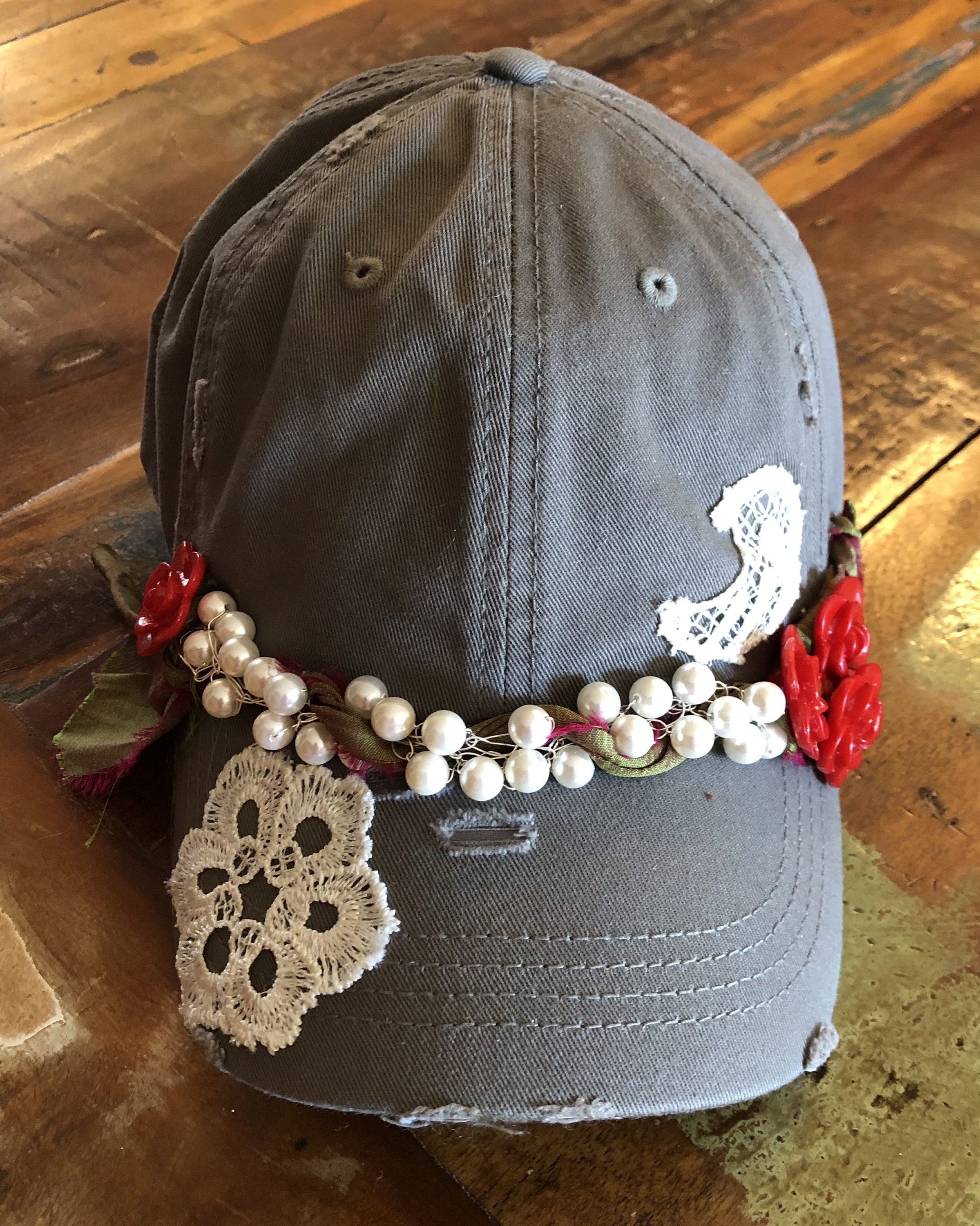 Ladies Pearl Baseball Hat, Ponytail, Distressed, Roses and Pearls, Lace ...