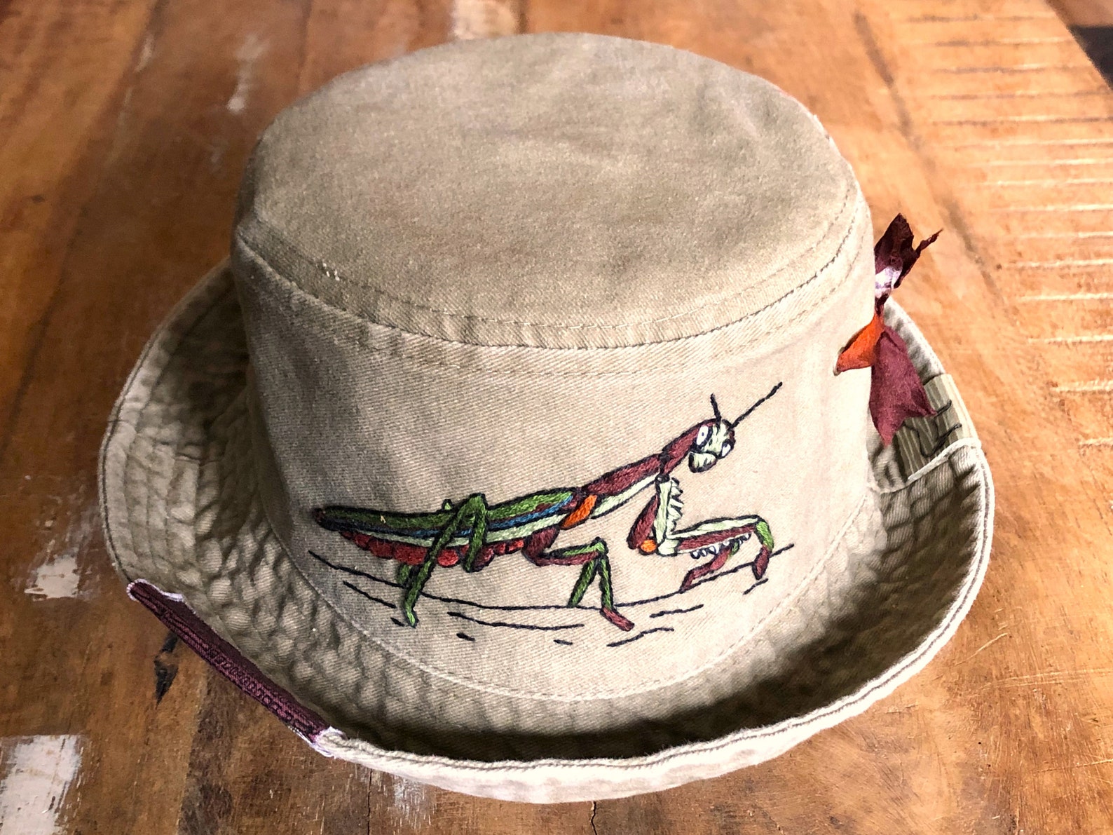 Ladies Praying Mantis Bucket Hat/beach/fishing, Khaki Colored, Hand ...