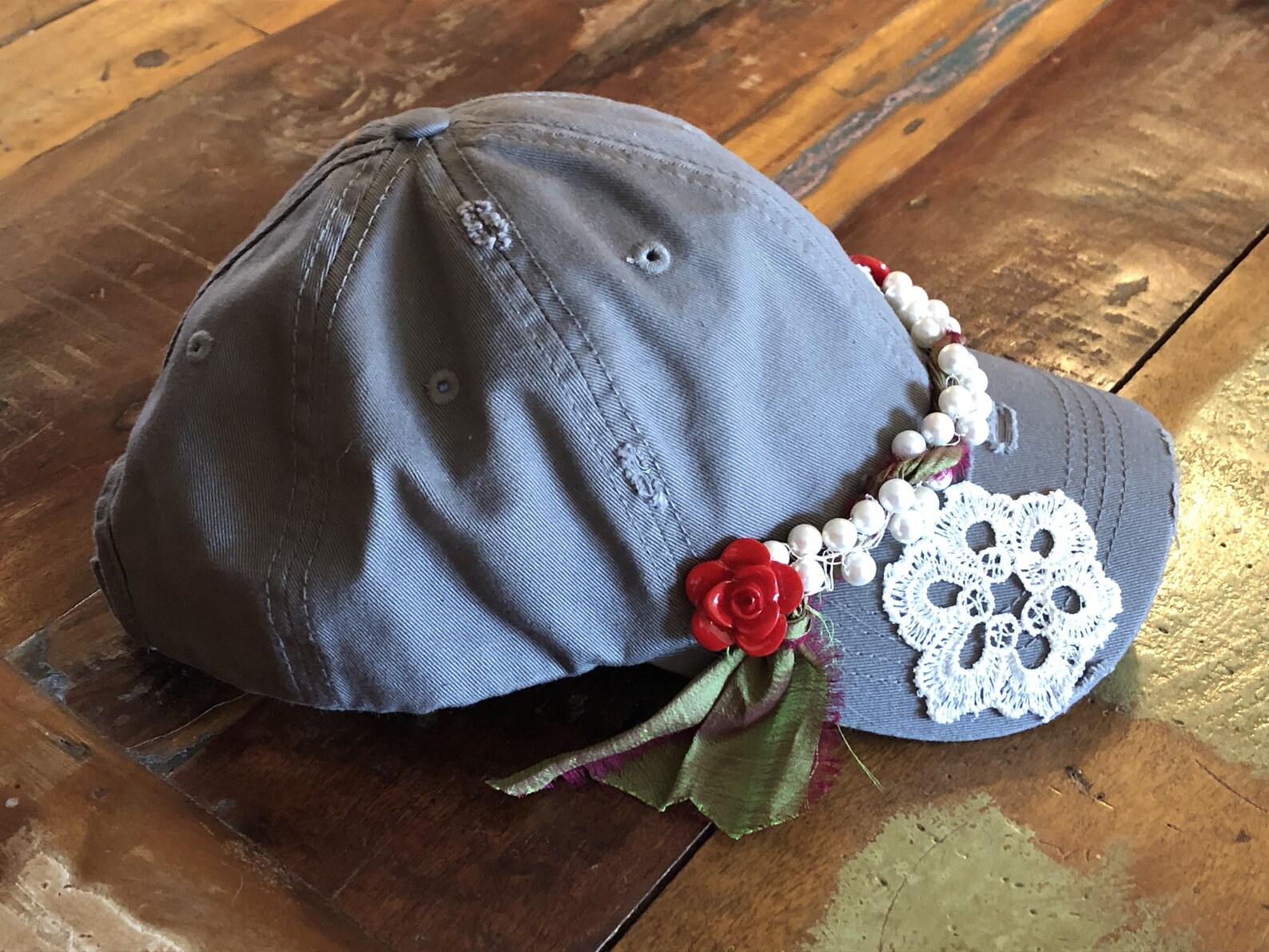 Ladies Pearl Baseball Hat, Ponytail, Distressed, Roses and Pearls, Lace ...