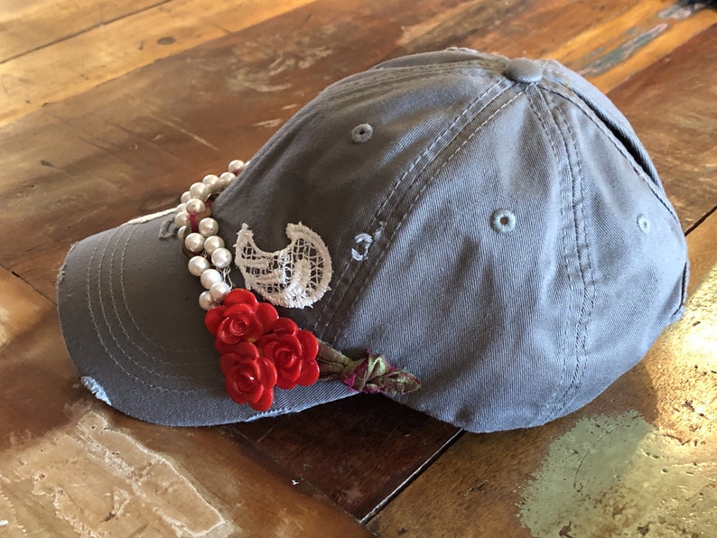 Ladies Pearl Baseball Hat, Ponytail, Distressed, Roses and Pearls, Lace ...