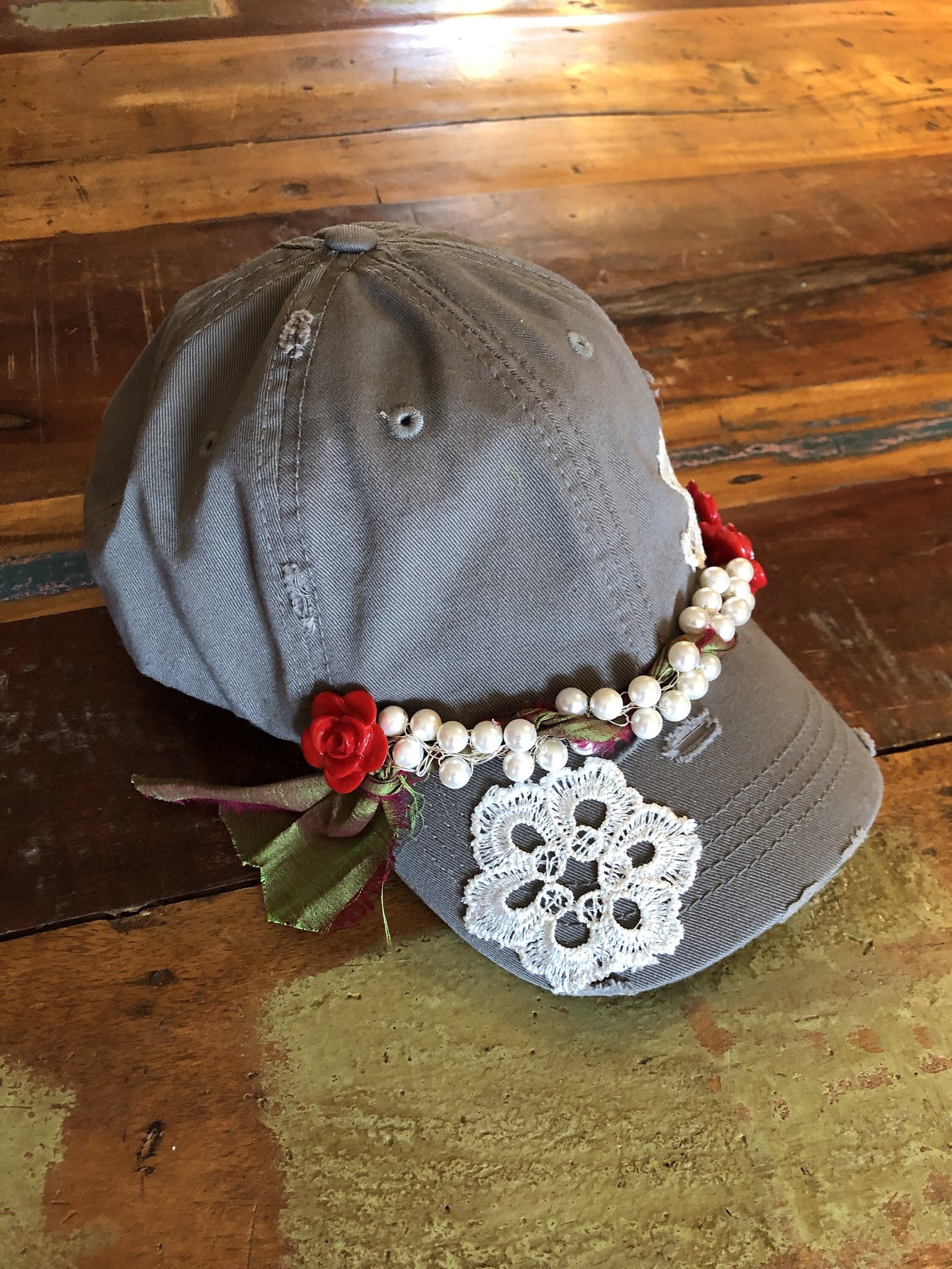 Ladies Pearl Baseball Hat, Ponytail, Distressed, Roses and Pearls, Lace ...