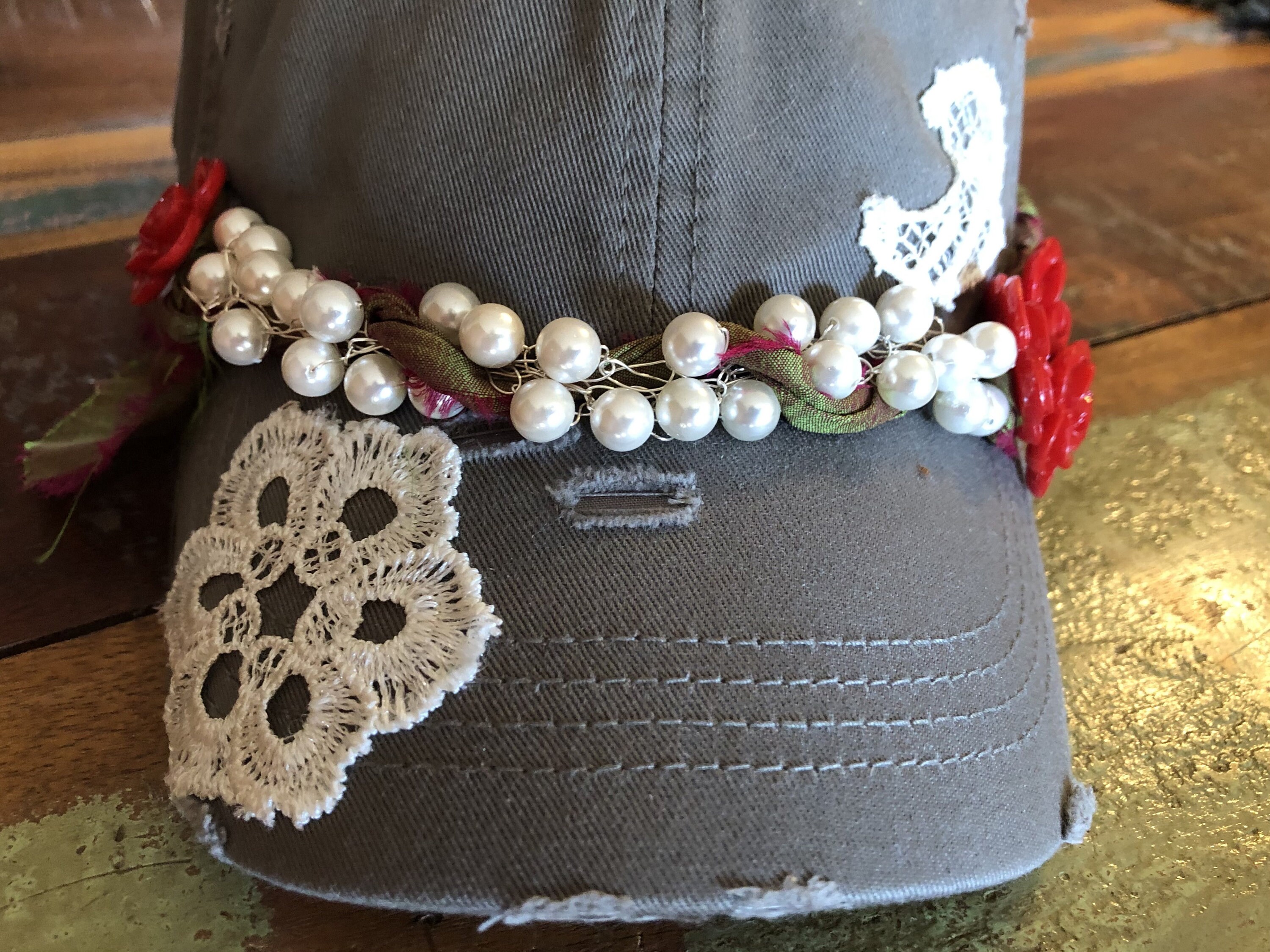 Ladies Pearl Baseball Hat, Ponytail, Distressed, Roses and Pearls, Lace ...
