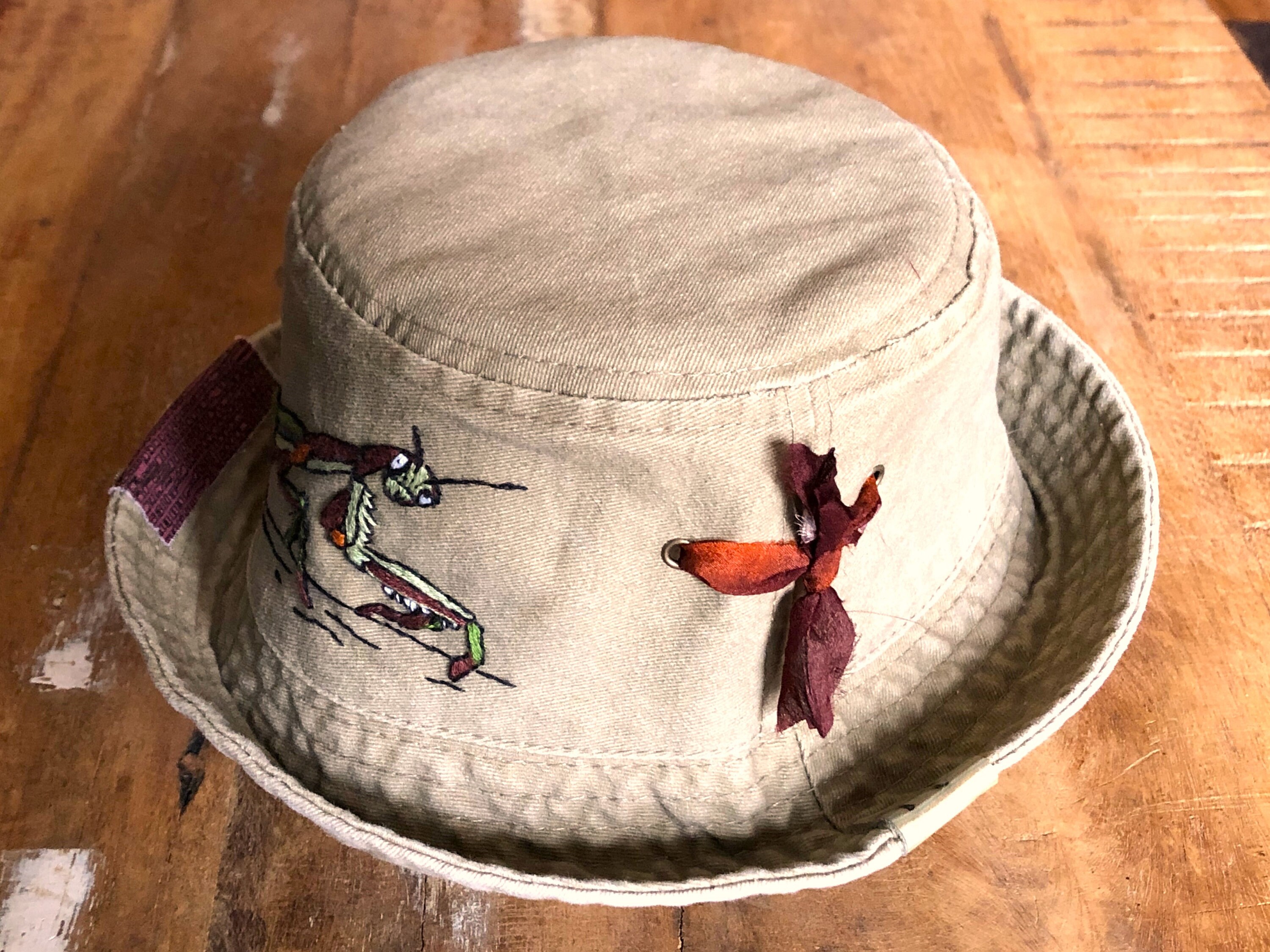 Ladies Praying Mantis Bucket Hat/beach/fishing, Khaki Colored, Hand ...