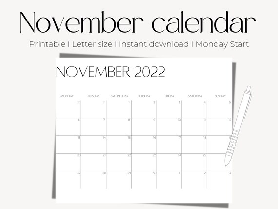 November 2022 Printable Calendar Page Instant Download - Etsy